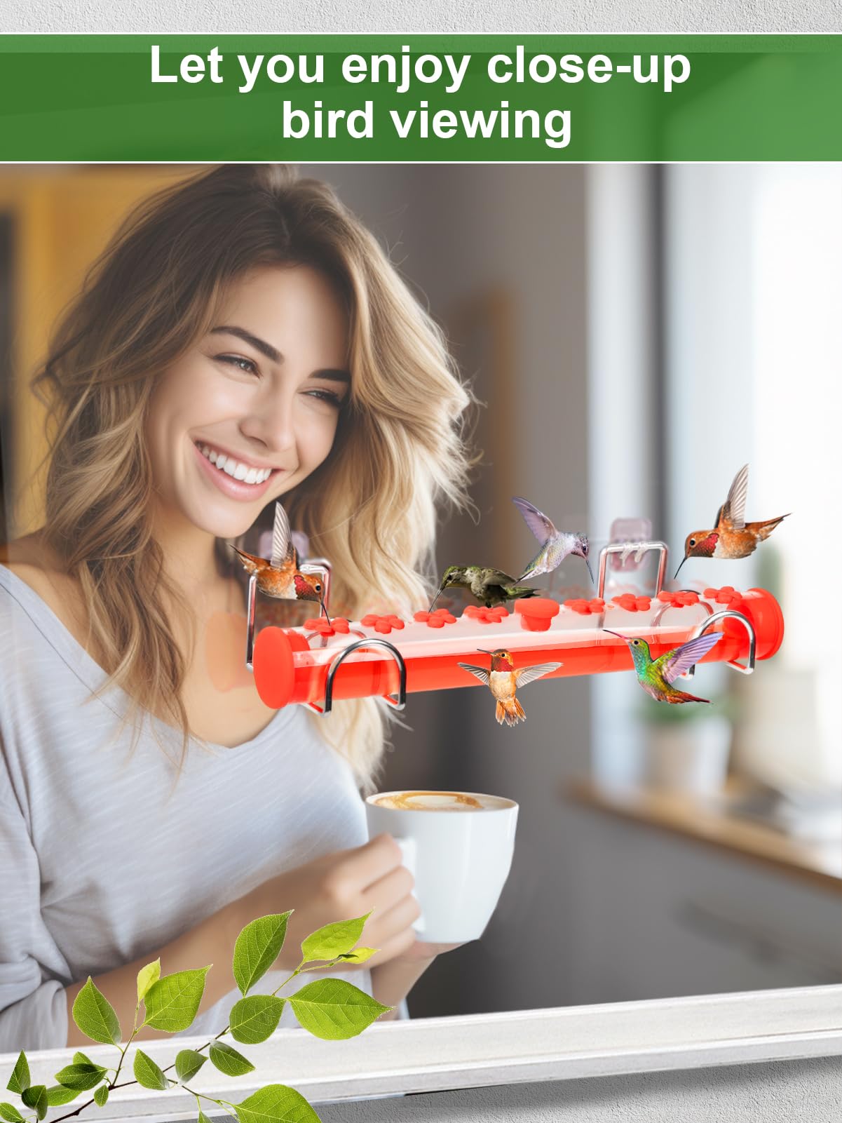 Close-up Viewing Window Hummingbird Feeder with 8 Ports Leak Proof, Top Fill & Easy to Clean Humming Bird Feeders Tube for Outdoors, 2 Pack
