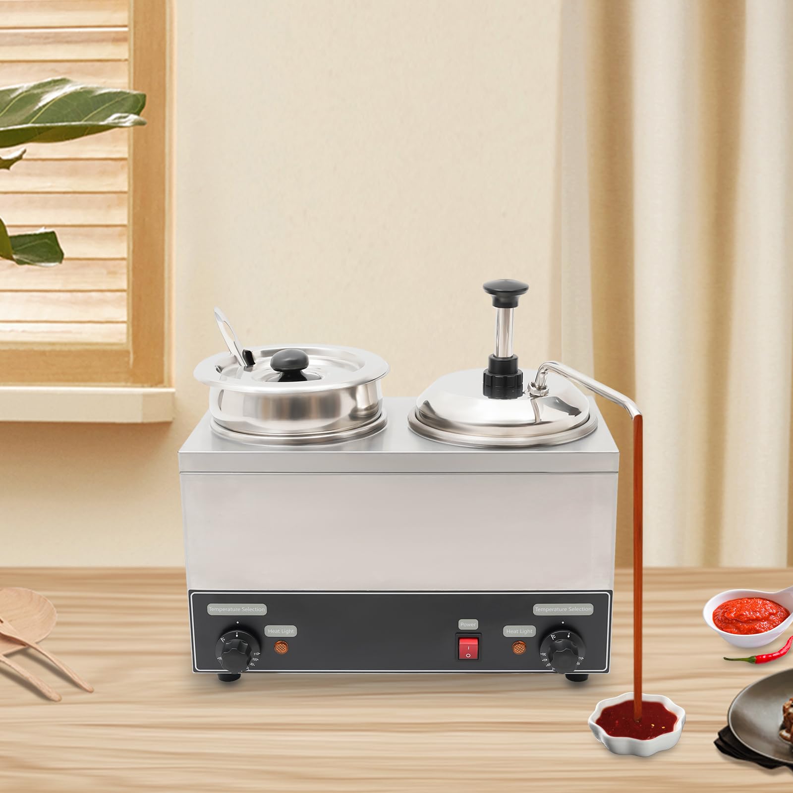 Electric Cheese Warmer with Pump Sauce Warmer Commerical Sauce Dispenser Double Heads Cheese Warmer with Spoon for Nacho Cheese, Hot Fudge, Caramel, Chilli, Butter