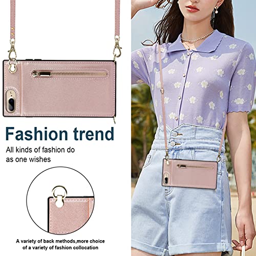 Jaorty Crossbody Phone Case for iPhone 8 Plus/7 Plus Case with Card Holder for Women,iPhone 7 Plus Case Wallet with Strap Lanyard for Men,PU Leather Magnetic Clasp with Kickstand 5.5", Rosegold