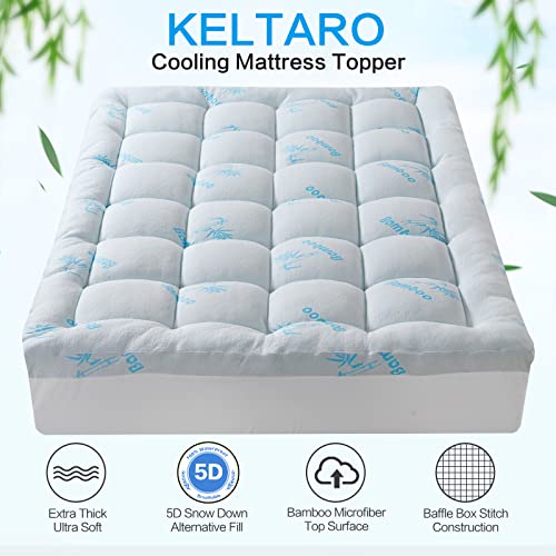 KELTARO Extra Thick Bamboo Mattress Topper Queen Size Bed,Cooling Mattress Pad Cover Plush Soft Noiseless Down Alternative Fill,with 8-21" Deep Pocket