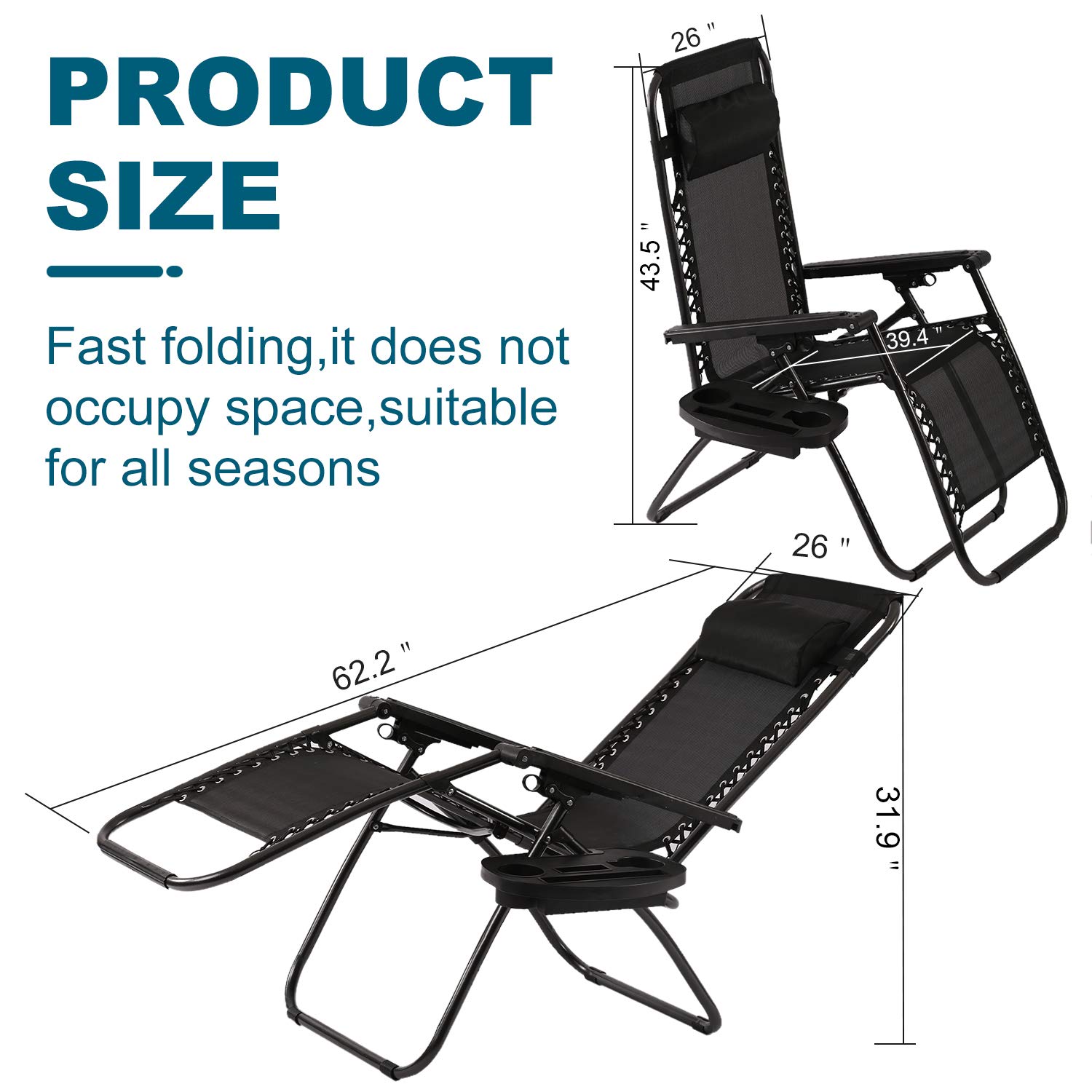 HCY Zero Gravity Chairs Outdoor Adjustable Recliner Chair Folding Lounge Patio Chairs with Cup Holder Pillows Set of 2 for Beach, Yard, Lawn, Camp(Black)
