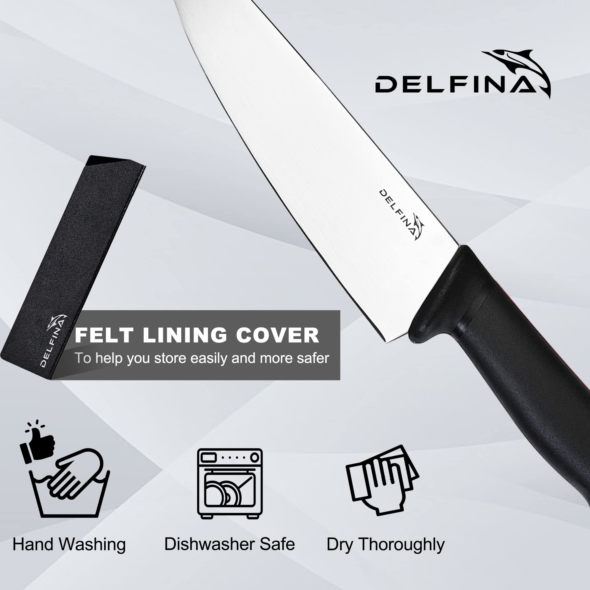 DELFINA Chef Knife, 8 Inch Kitchen Knife with Sheath, Professional High Carbon Stainless Steel Sharp Cooking Knife with Ergonomic Handle,Well Balanced & Easy to Clean (Black Handle)