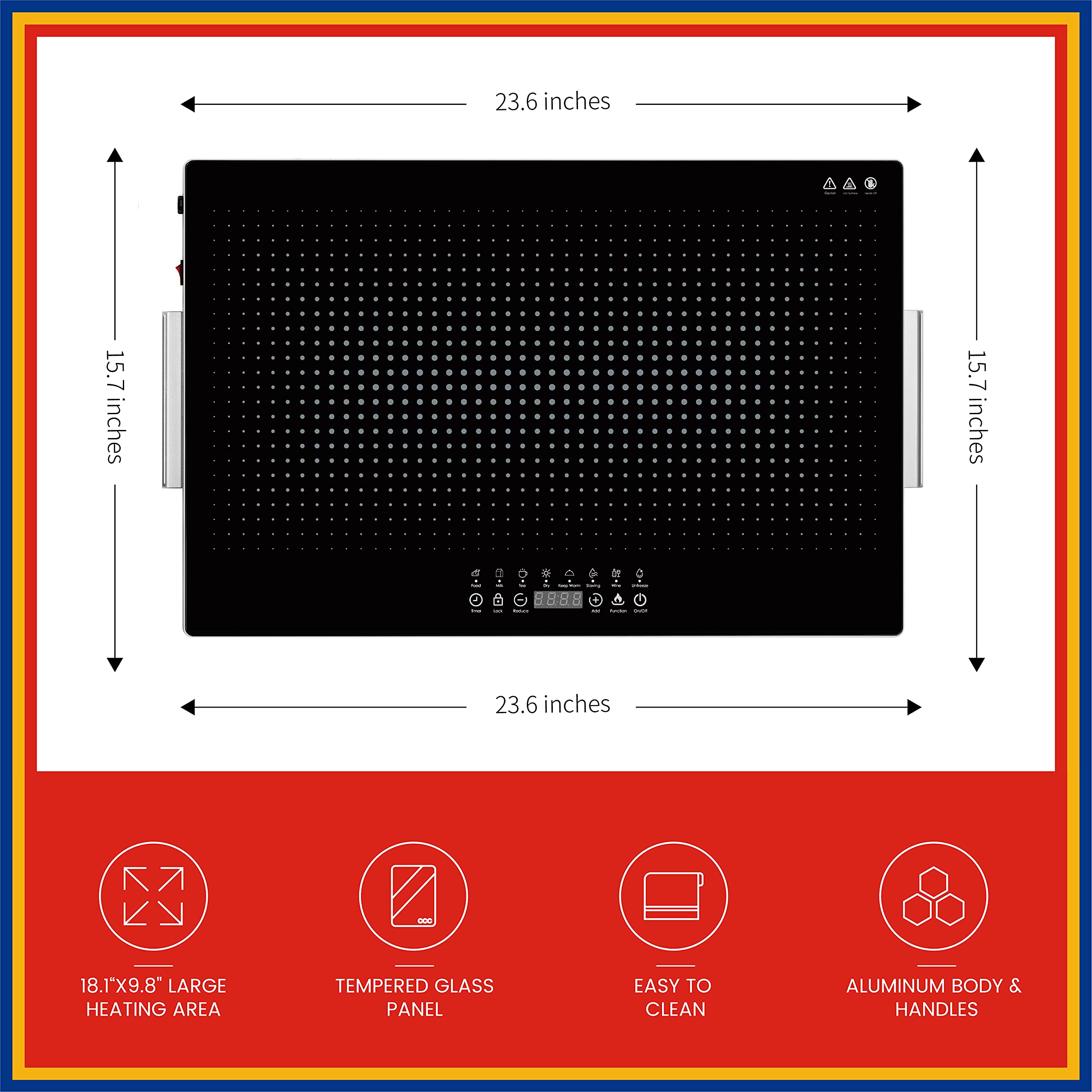 Bleu Jamais Electric Food Warmer Plate, 23.6"x15.7" Glass Large Warming Tray LED Temperature Display Adjustable Control With Touch Panel, Hot Plate, Buffets, Parties, Home Dinner (Light Silver)