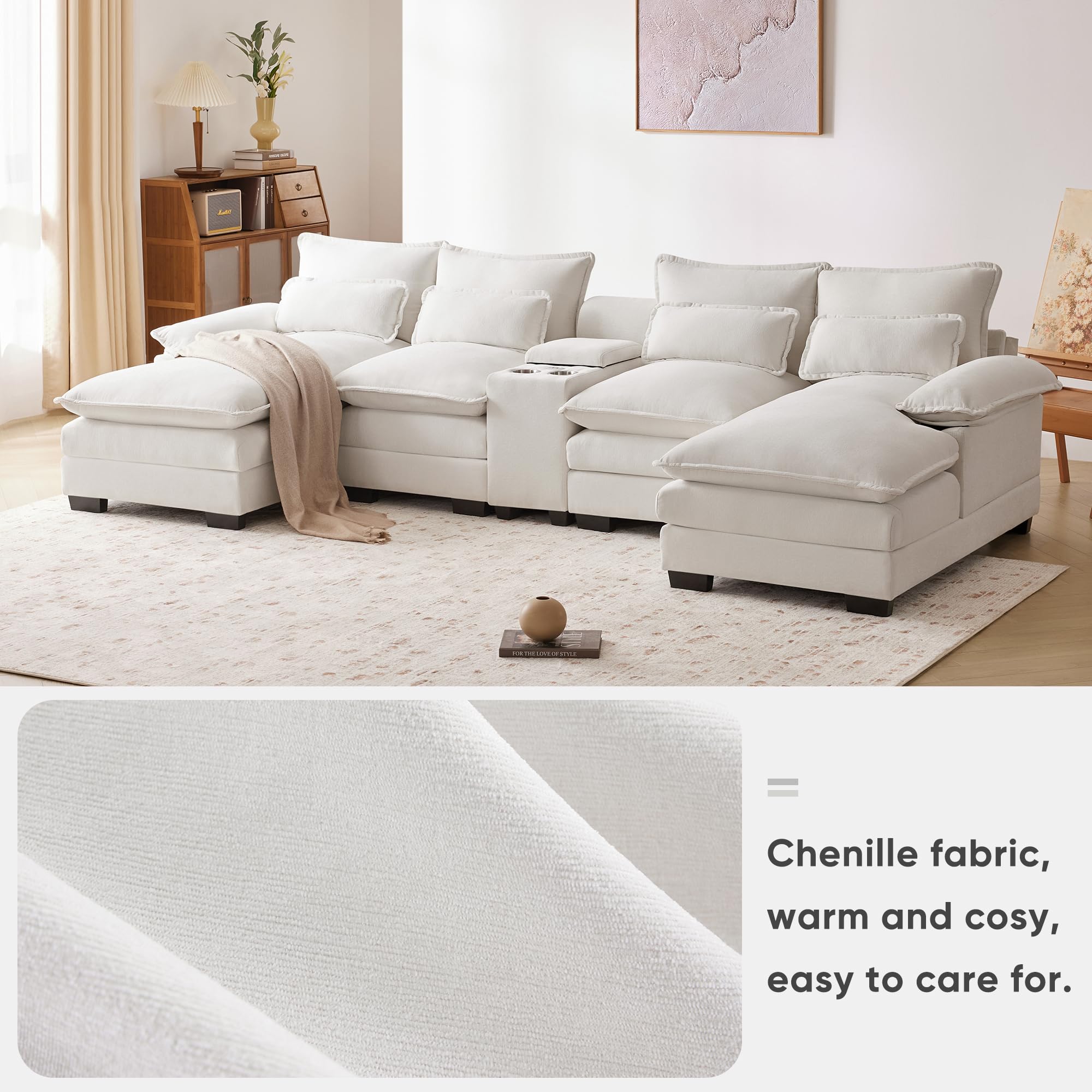 GNNIXUU 123" Modular Sectional Sofa Couch for Living Room, Modern Comfy U-Shaped Sectional Cloud Couch with Console, Cupholders and USB Ports, Chenille 4 Seat Couch Set with Chaise(White)