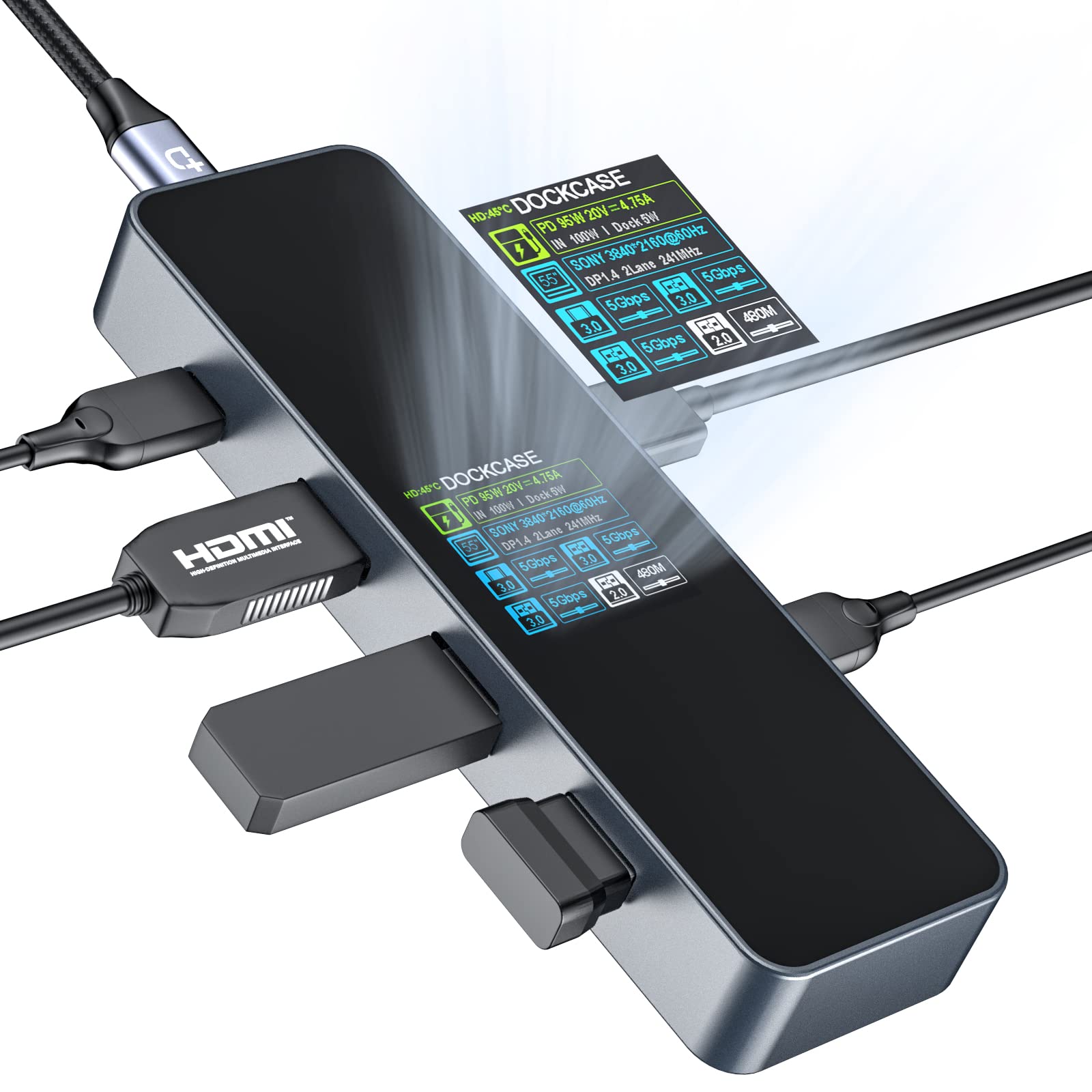 DOCKCASE Visual Smart USB C Hub (6-in-1) with HDMI Port 4K@60Hz, USB-C and 3 USB-A 5Gbps Data Ports, 100w PD Power Delivery, for MacBook Air, MacBook Pro, XPS, and More