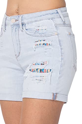 Judy Blue Women's High-Rise Cuffed Printed Lining Shorts (Light Blue, Large)