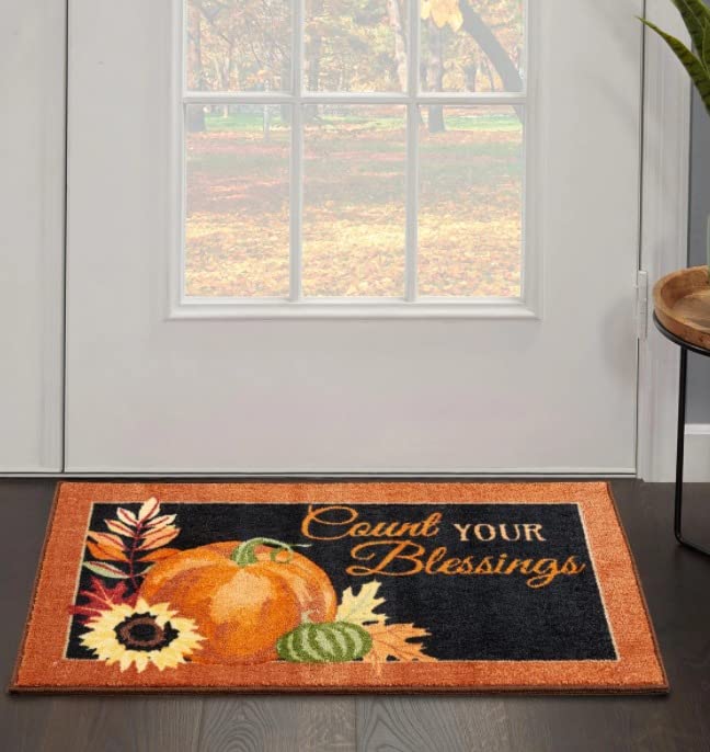 Nourison Welcome Fall Accent Rug, Polyester Hand Carved Plush Cut Pile, 18 x 30 Inches, Harvest Pumpkin, Sunflower, Leaves Design for Autumn and Thanksgiving Decorating