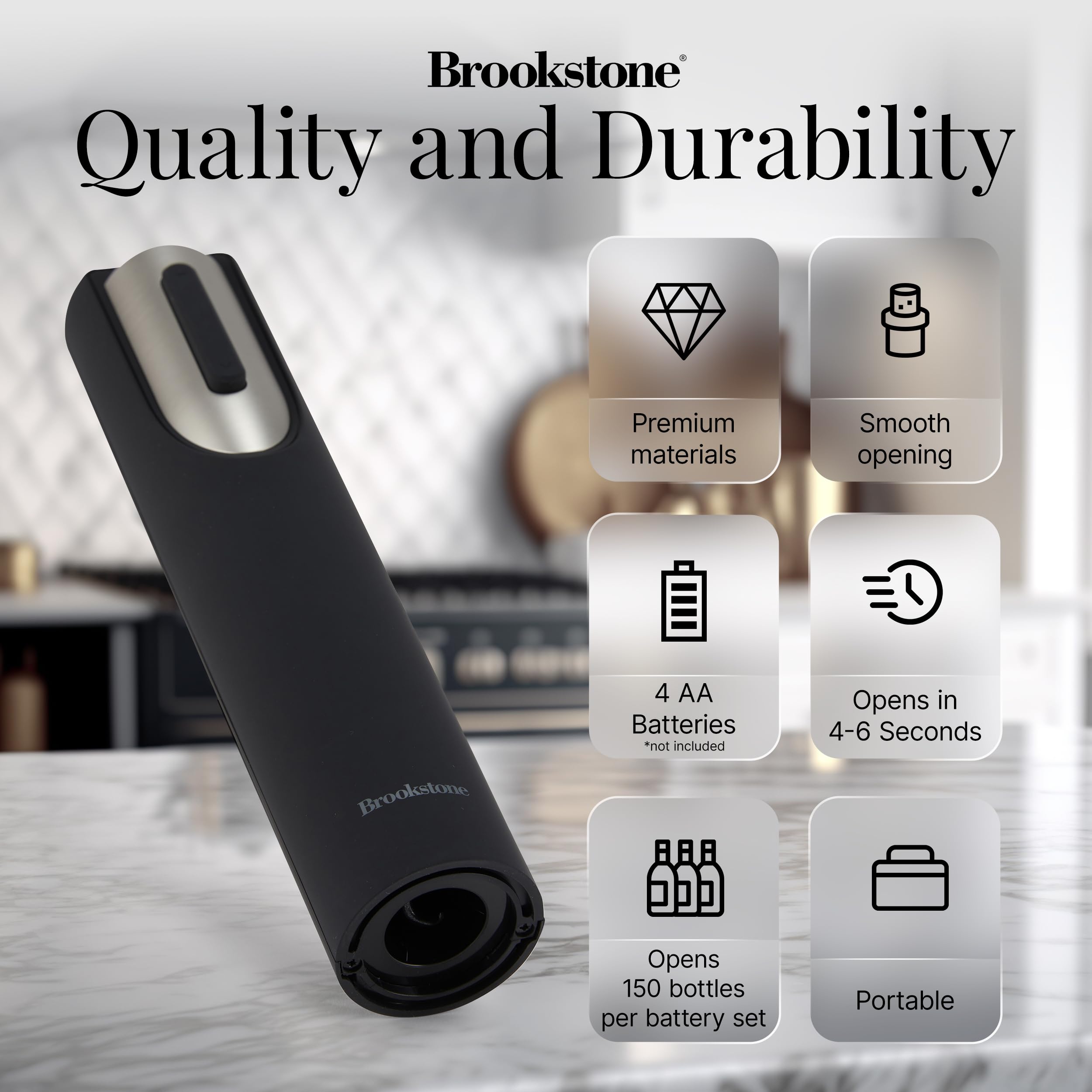 Brookstone Electric Wine Opener & Foil Cutter with Stand, Automatic Wine Bottle Opener, Battery Operated Corkscrew Opener, Kitchen, Wine Gifts for Men
