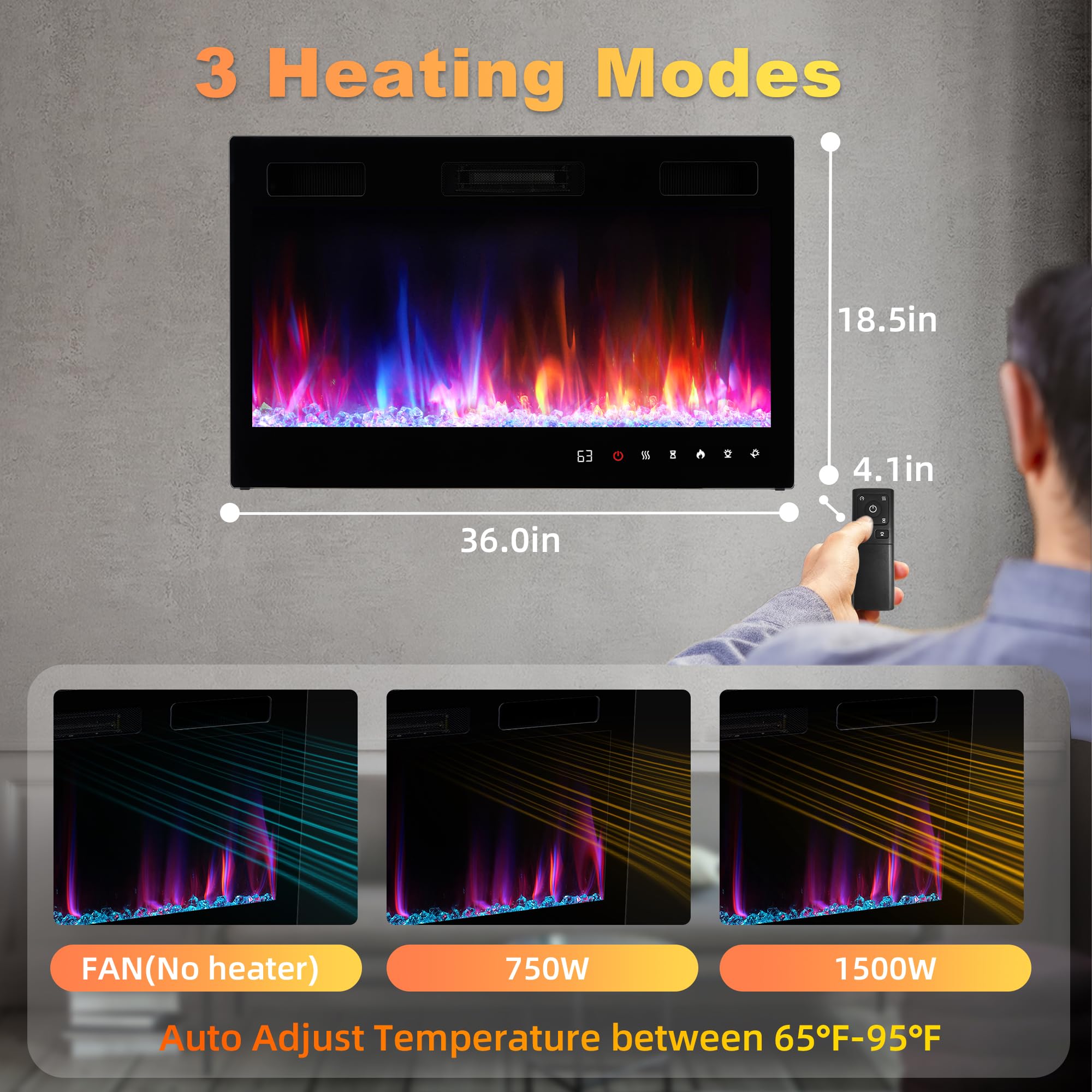 Electric Fireplace 36 Inch Insert Realsmart Recessed 750 1500 W High Screen Slim Wall Mountedle Fireplace Low Noise Overheat Protection Remote Control with Heater Timer Flame Color Sala Modernos (36β)