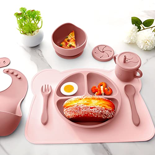 Newtay 8 Pack Baby Feeding Eating Supplies Silicone Suction Divided Plate Bibs Bowl Placemat Spoon and Fork Cup with Straw Tableware Set for Toddler (Dark Pink), 1.0 Count