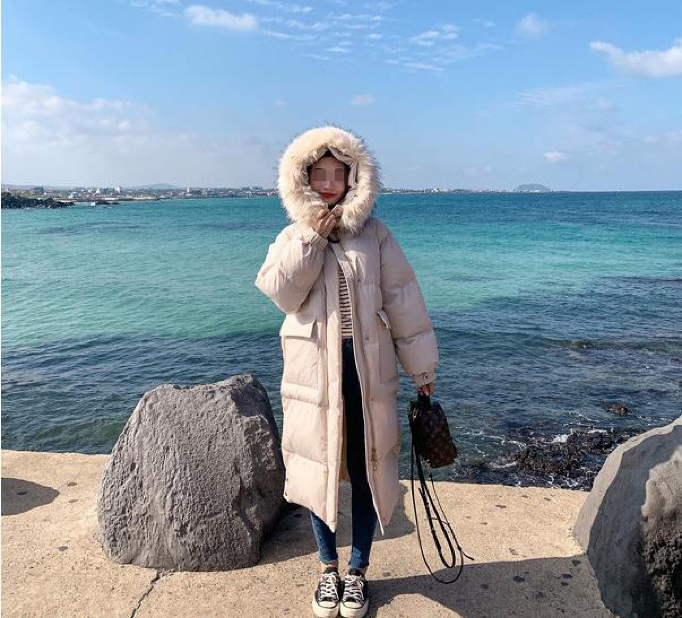 BLFYQB Winter Coat Female Loose Port Wind Long Section Thigh Thicken Nagymaros Collar Coat Tide Fit The Wrist Cuffs/Beige/L