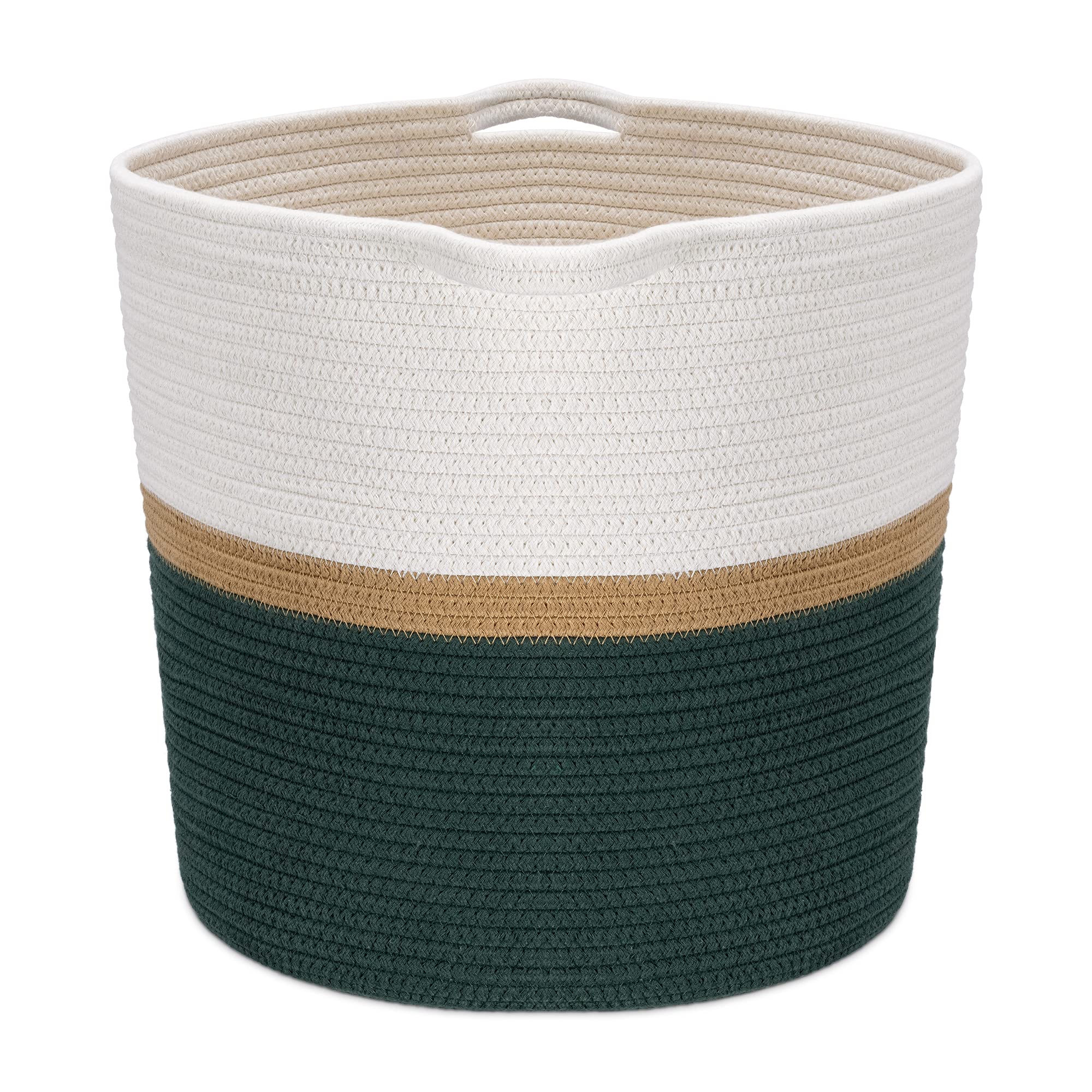 Navaris Cotton Rope Basket - 17.7" Diameter x 15" Height Woven Storage Basket with Handles for Laundry, Blankets - Dark Green/Natural/Off-White