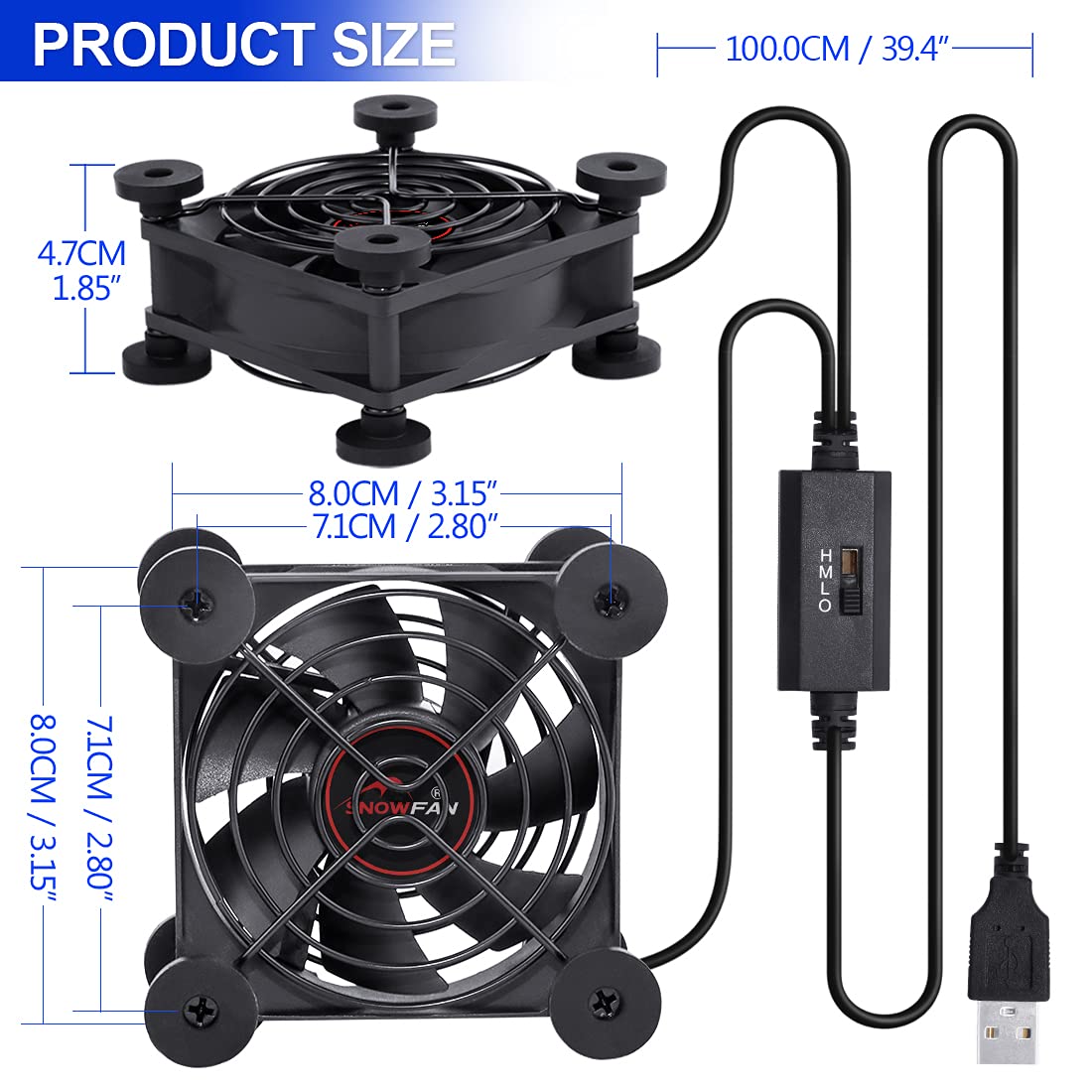Snowfan U01, Silent Dual 80mm USB Fan, 5V Portable Cooling Fan, 3 Adjustable Wind speeds for Receiver DVR Playstation Xbox Computer Cabinet Cooling (duan fan 8025)