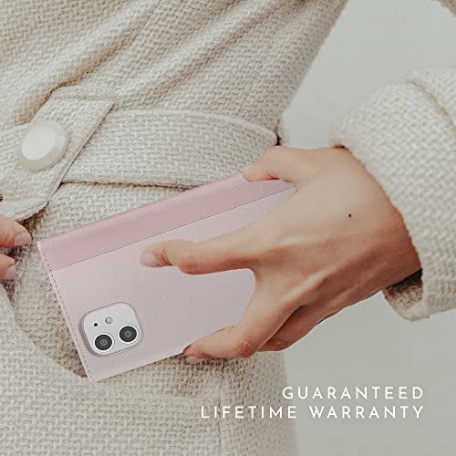HABITU [Folio Collection 2022 Eris Tri-Fold Pink Wallet Case for iPhone XR/11, Detachable Vegan Leather Magnetic Folio with Card Pockets, Mirror & Strap for Women, for Women