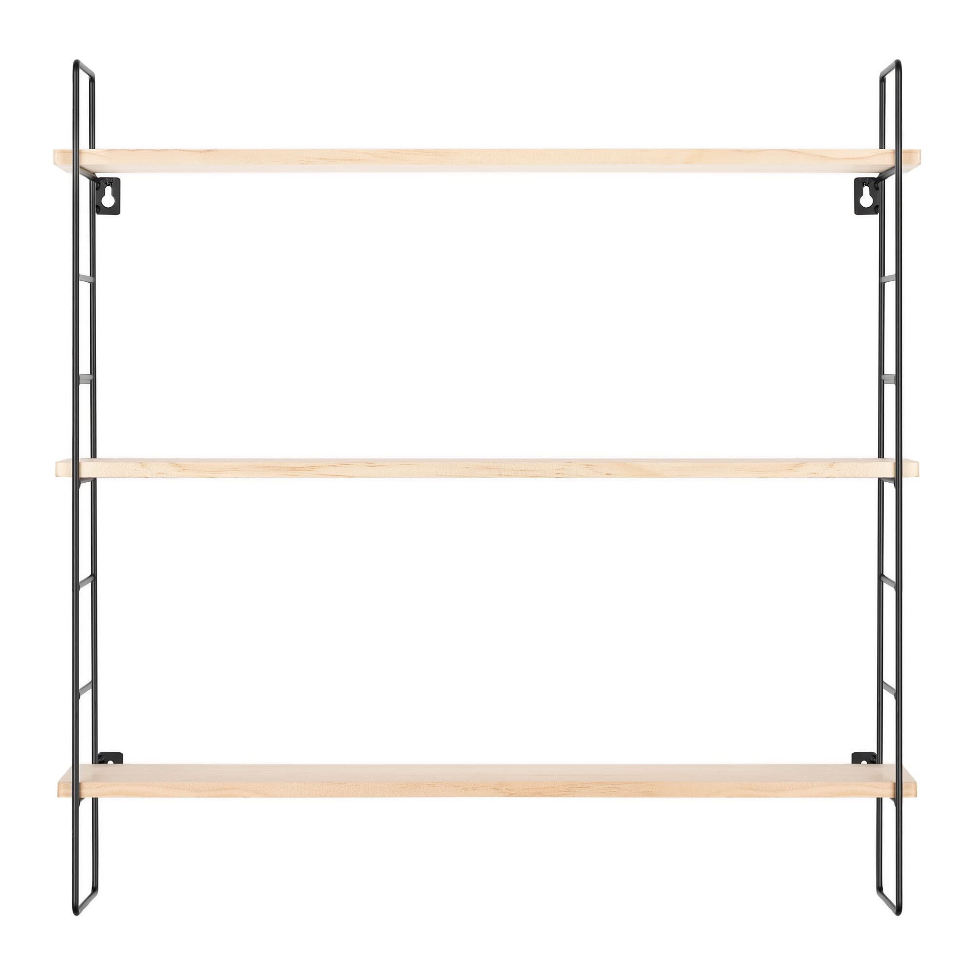 Navaris Wall Shelf Unit - Wall Mounted Hanging Pine Wood and Black Metal Shelves - 3-Shelf Shelving Unit for Bedroom Living Room Kitchen