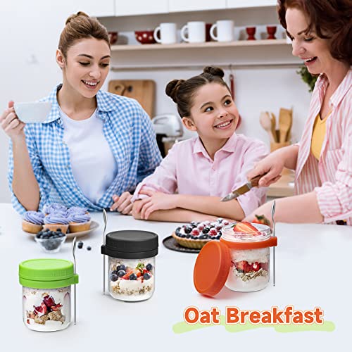 DREAMOSA 3 Set Overnight Oats Containers with Lids and Spoon 12 Oz Glass Mason Overnight Oats Jars (Green-Orange-Grey)