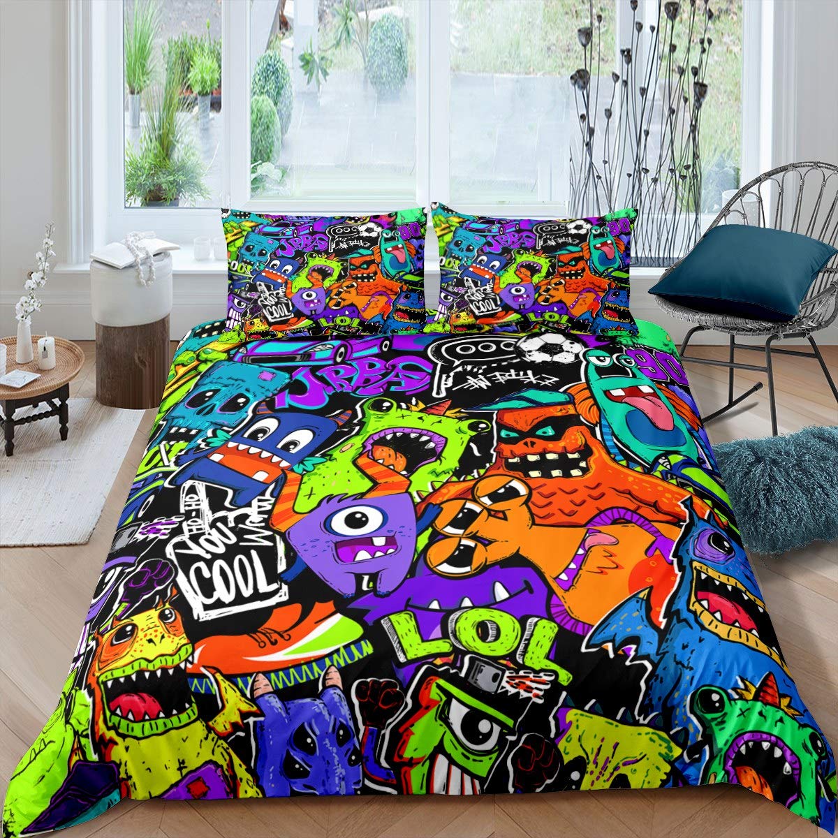 Feelyou Monster Comforter Cover Set Hippie Graffiti Pattern Duvet Cover for Kids Boys Teens Colorful Cartoon Bedding Set Street Culture Theme Bedspread Cover Bedroom Decor 2Pcs Bedclothes Twin Size