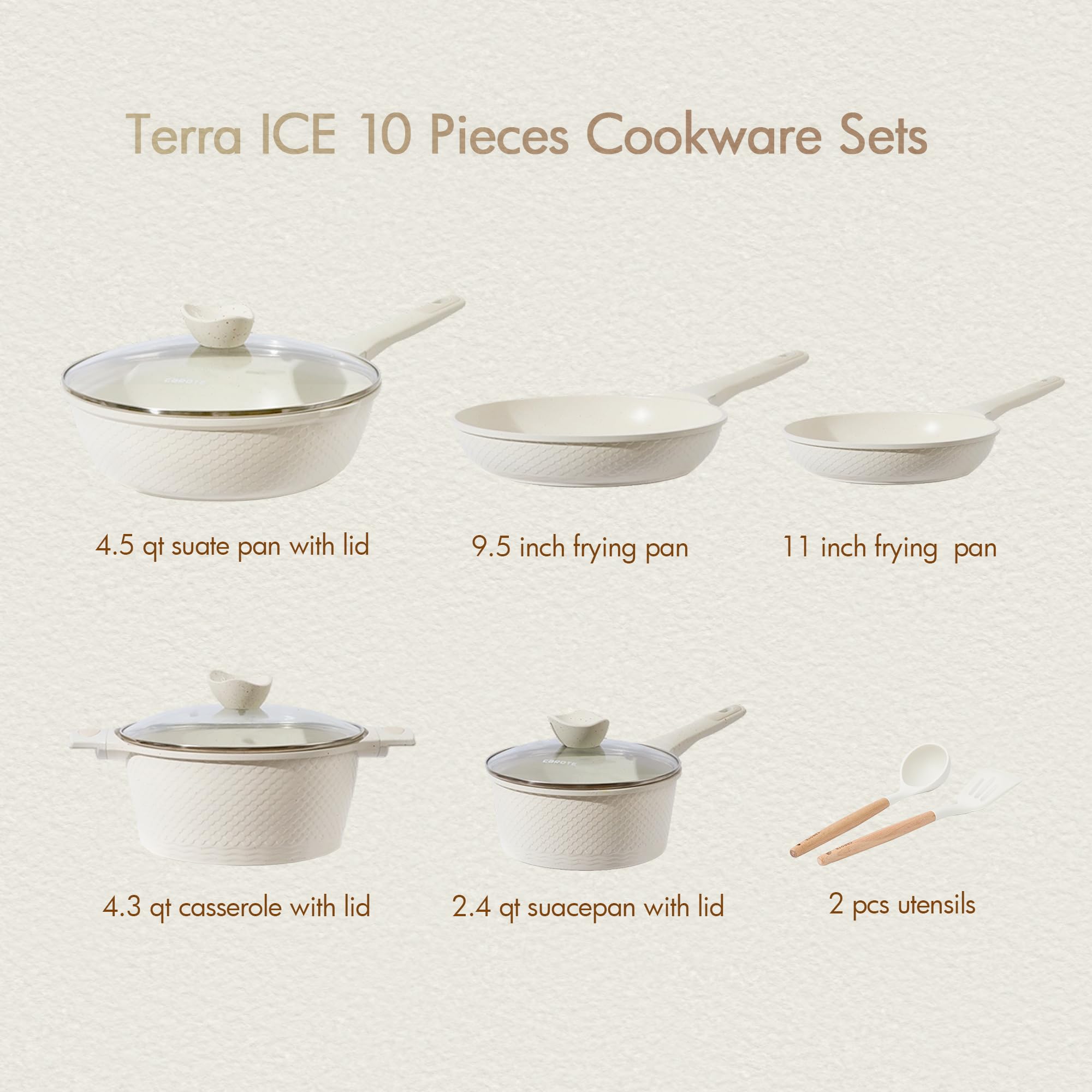 CAROTE Pots and Pans Set, 10 Pcs White Kitchen Induction Cooking Set Non Stick Cookware PFOS, PFOA Free