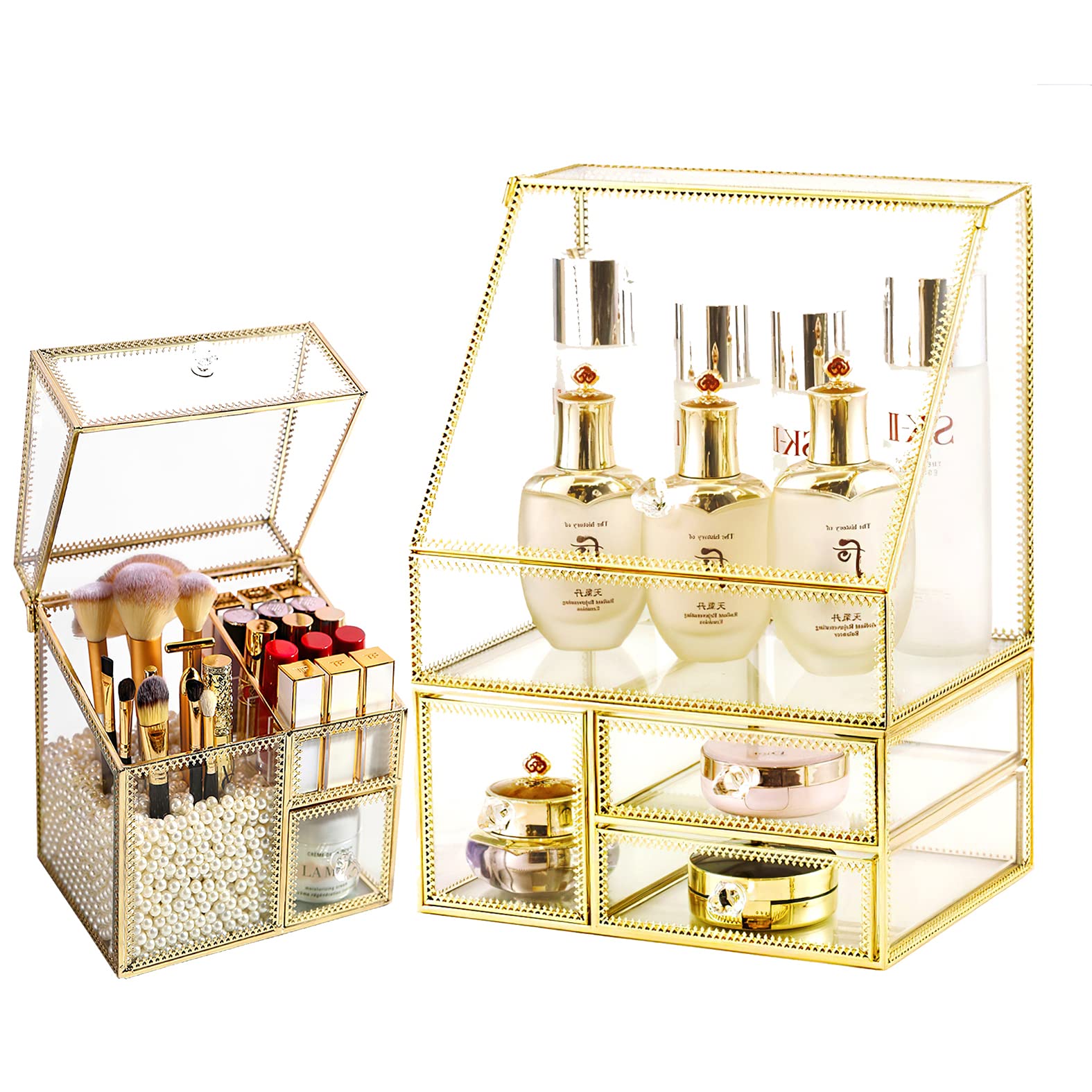 CONHENCI Large Glass Makeup Organizer Drawer Set Beauty Storage Bathroom Counter Organizer Cosmetic Display (11.5inx8.5inx5.5in)