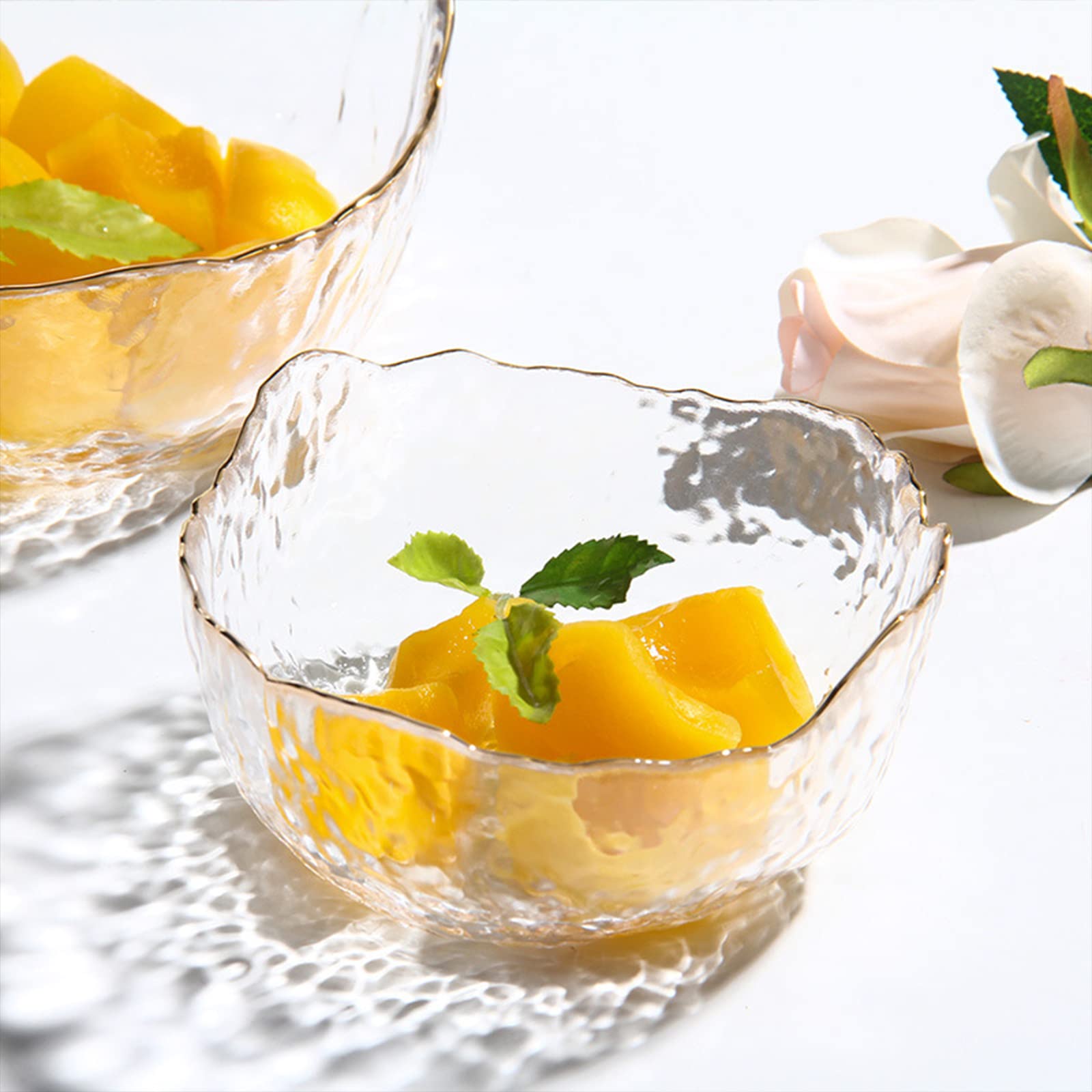 DEDEMCO 3 PCS Glass Salad Bowl,Phnom Penh Mixing Bowls,Crystal Bowls Irregular Shape Serving Bowls,Stackable Dessert Bowls for Kitchen Prep Fruit Pasta,300ml,750ml,1050ml