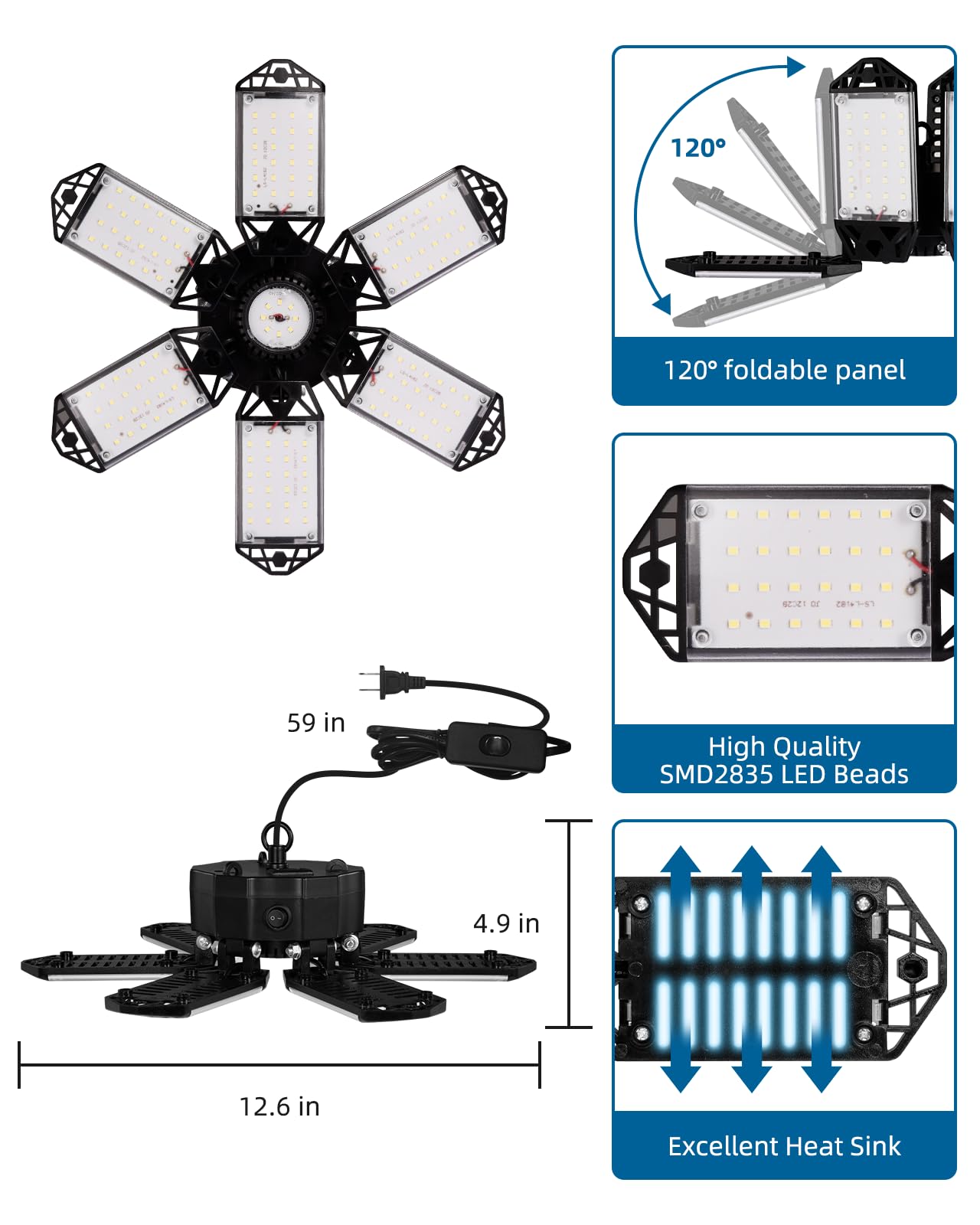 FAMURE Garage Light with Motion Sensor, 185W LED Ceiling Shop Lights Plug in, 18500Lm Super Bright 6000K Motion Indoor Lamp with 6 Deformable Panels, Linkable Ceiling Garage Lights for Warehouse