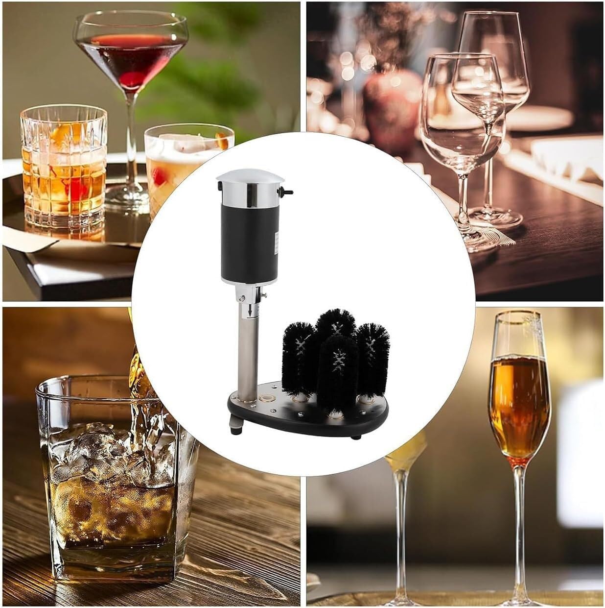 Electric Glass Washer,5-Brush Commercial Automatic Glass Cleaning Machine, for Long Leg Cup, Red Wine Glass, Bar Kitchen Sink, 600-800 Cups/Hour