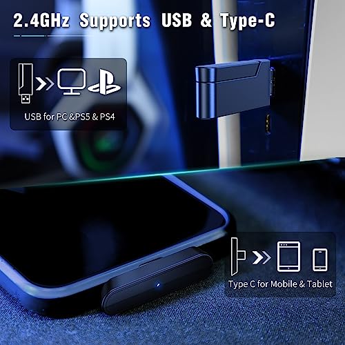 Ozeino Wireless Gaming Headset for PC, PS5, PS4 - Lightspeed USB & Type-C 2.4GHz Ultra Stable Low Latency Gaming Headphones with Flip Microphone, 30-Hr Battery Gamer Headset for Switch, Laptop, Mobile