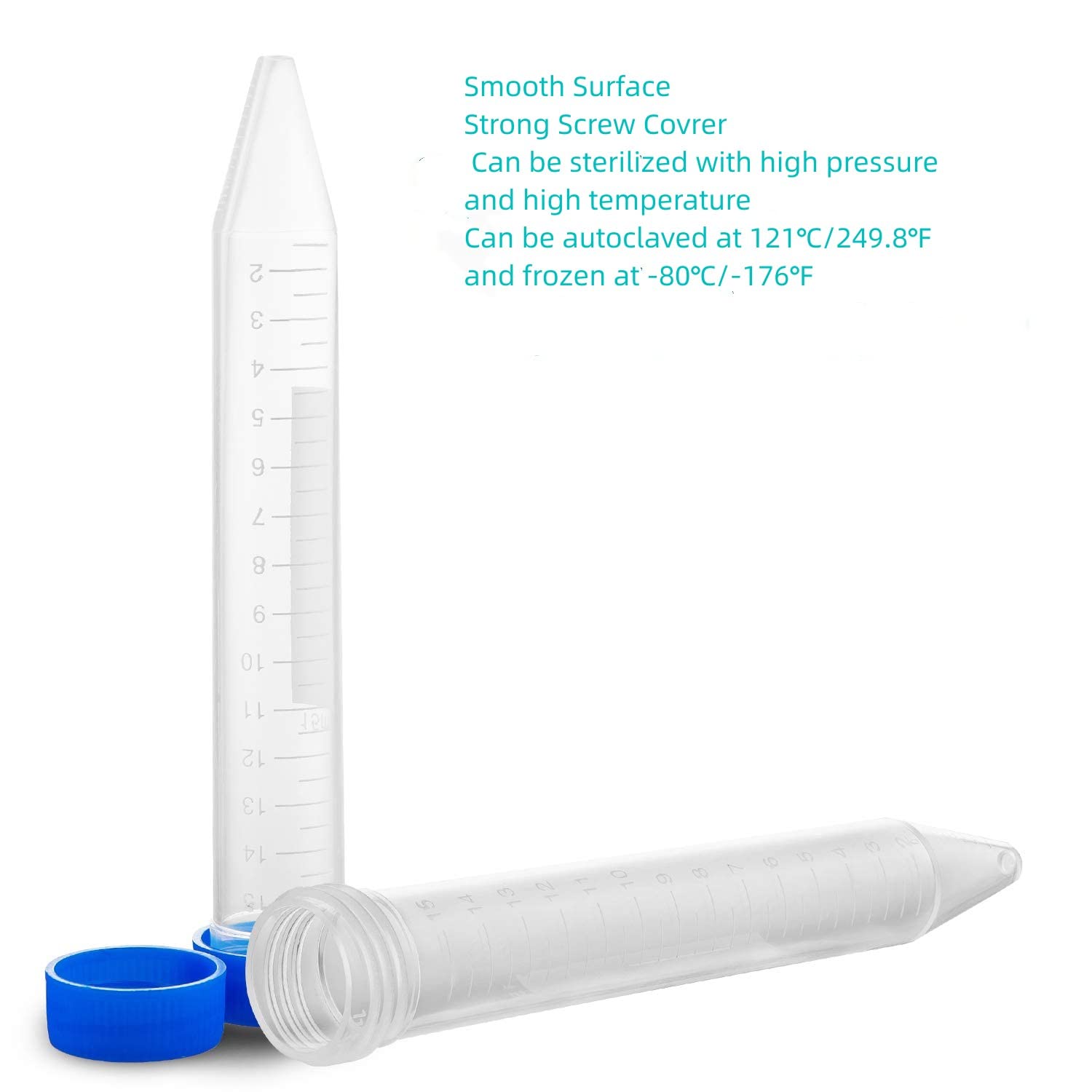 Conical Centrifuge Tubes 15ml,50 Pcs Sterile Plastic Tset Tube with Blue Screw Caps,Polypropylene Plastic Container with Graduated and Write Marks, Non-Pyrogenic, DN/RNase Free