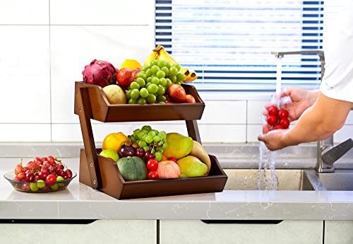 Sushineibor Bamboo Fruit Basket Stand Storage for Kitchen,Large Capacity Home Countertop Standing Wooden Organizer Bread Vegetable Holder Veggies Display Snacks Food Rack (Brown)