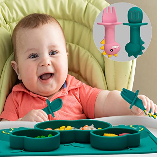 NICINGU 3Pcs Toddler Silicone Placemat Spoon and Fork Set,Divided Plate Dish for Baby Kids Infant Self Feeding Training,Non-Suction BPA Free Microwave Dishwasher Safe-Blue Dinosaur