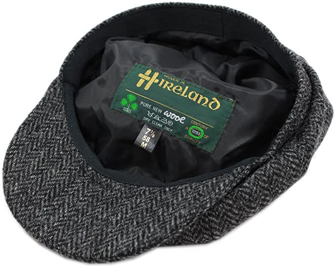 Biddy Murphy Newsboy Hat for Men Irish Flat Cap 100% Wool Tweed, Herringbone, Imported, Large Gray