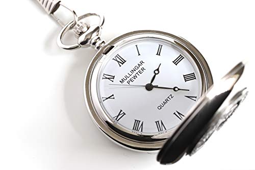 Biddy Murphy Shamrock Pocket Watch Made in Ireland Shamrock Pewter Medallion Stainless Steel Case with Chain Exclusive Made by Mullingar Pewter on Co. Westmeath, Ireland