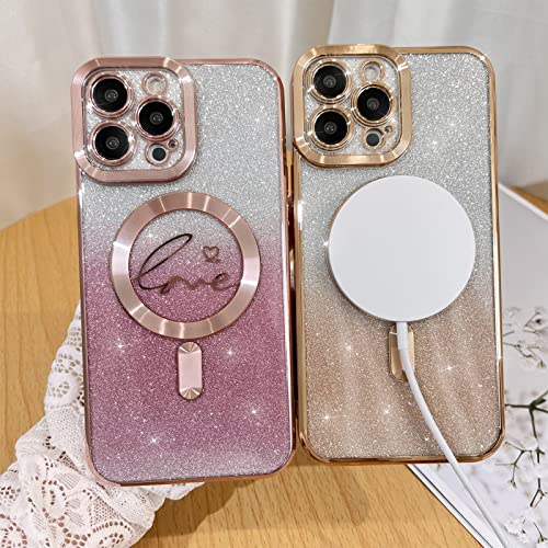 Fiyart Compatible with iPhone 14 Pro Max Case,Compatible with MagSafe Love Heart Plating Camera Protection Clear Phone Case, Magnetic Glitter for Women Girls Shockproof Back Bumper 6.7"-Pink