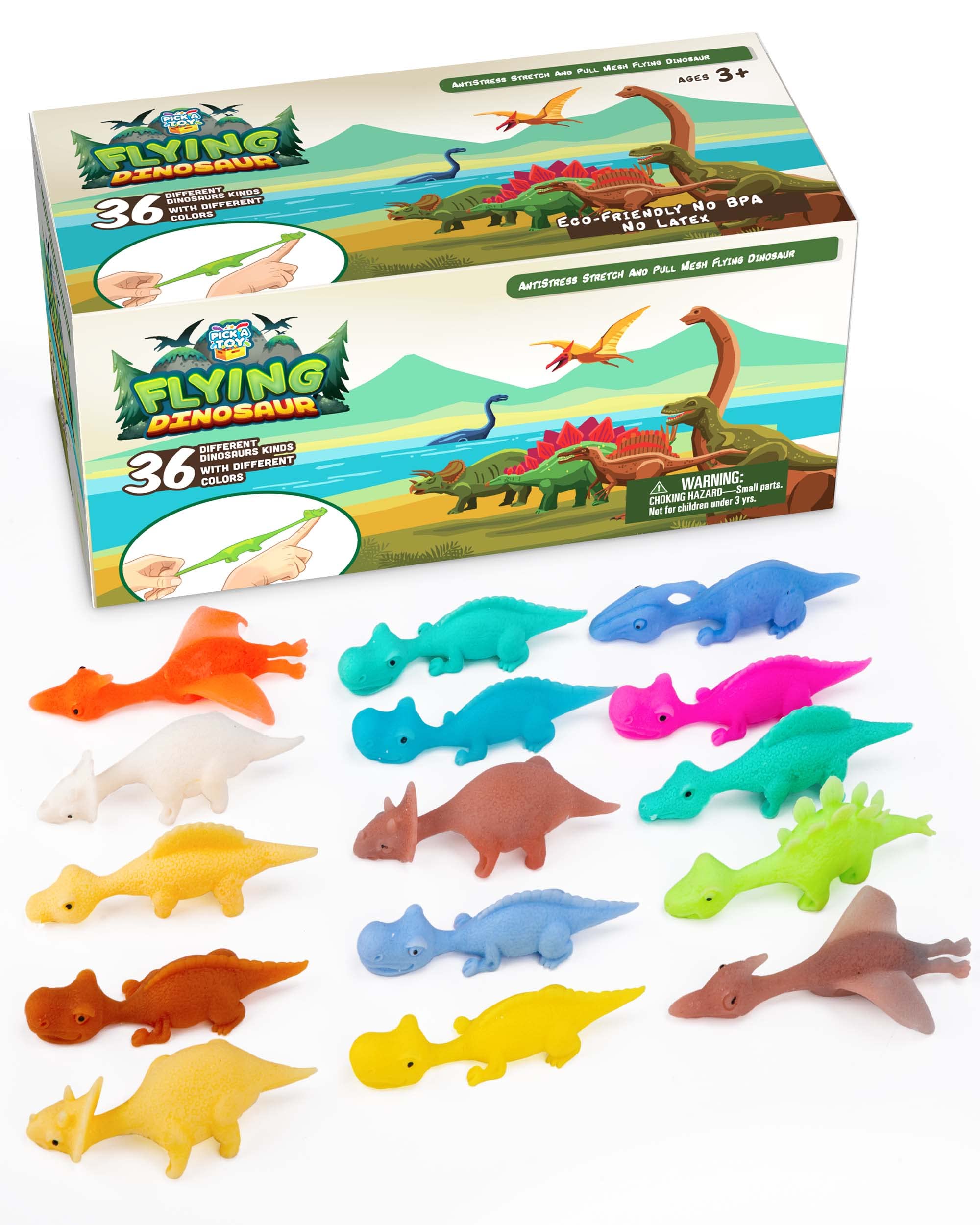 PICK A TOY Stretchy Slingshot Dinosaur Finger Toys, 36 Set Mini Rubber Dinosaurs Party Favors, Kids Prizes and Stocking Stuffer Toy, Finger Flingers Catapult Toys As Flying Chicken Slingshot
