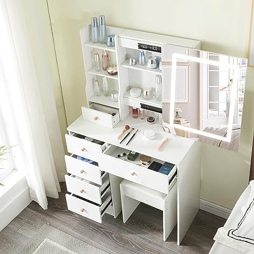 JBLCC Large Vanity Desk with Mirror and Lights, Vanity Table Makeup Vanity with Slidable Mirror 5 Drawers and Storage Shelves,Dressing Table Set 3 Lighting Color Adjustable (05LED)