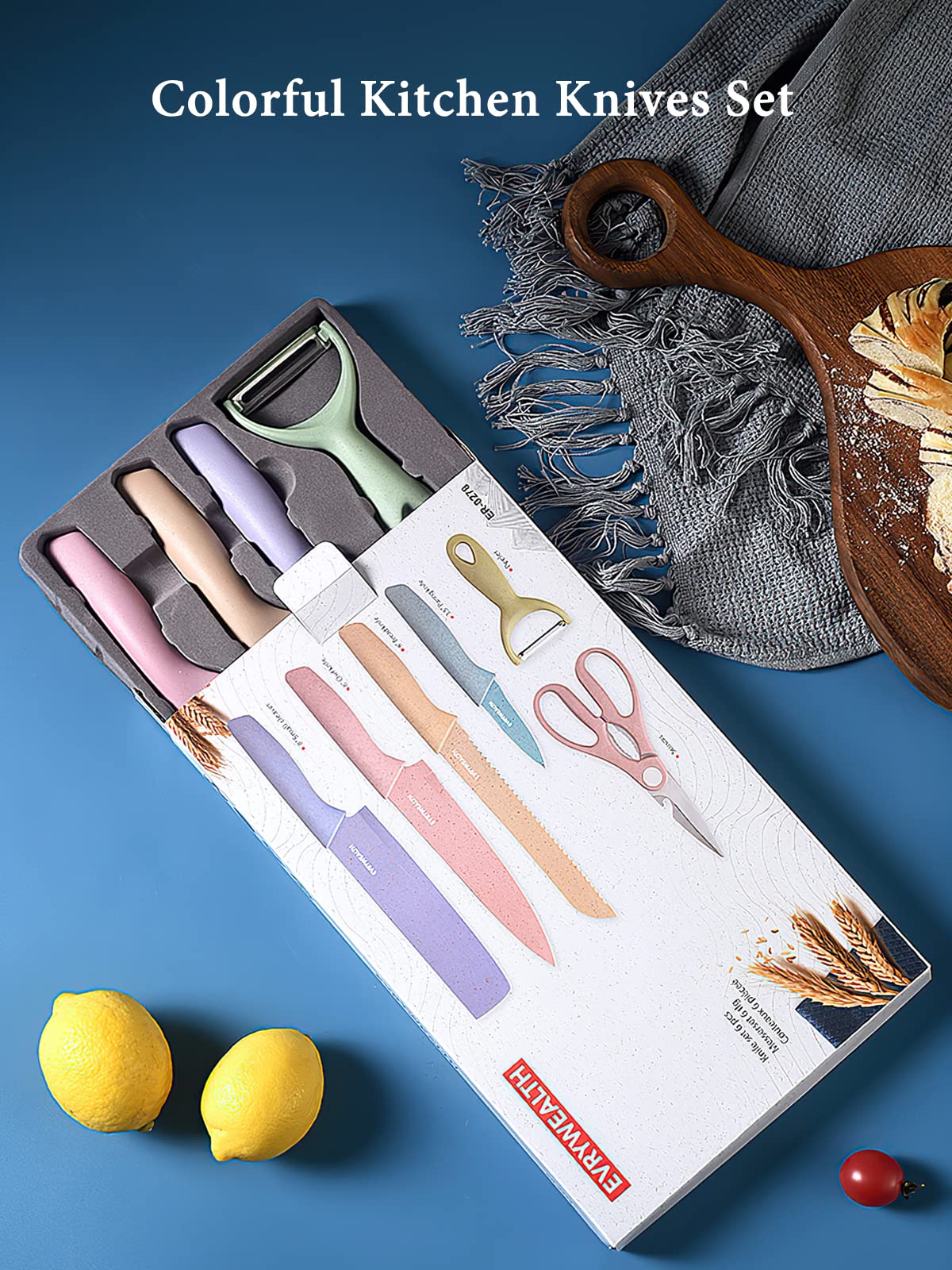 Colorful Kitchen Knives Set of 6 PCS Cute Fruit Knife Set with Gift Box,High Carbon Steel Kitchen Knife Set without Block, Environmental Wheat Straw Material Handle, Sharp Professional Chef Knife