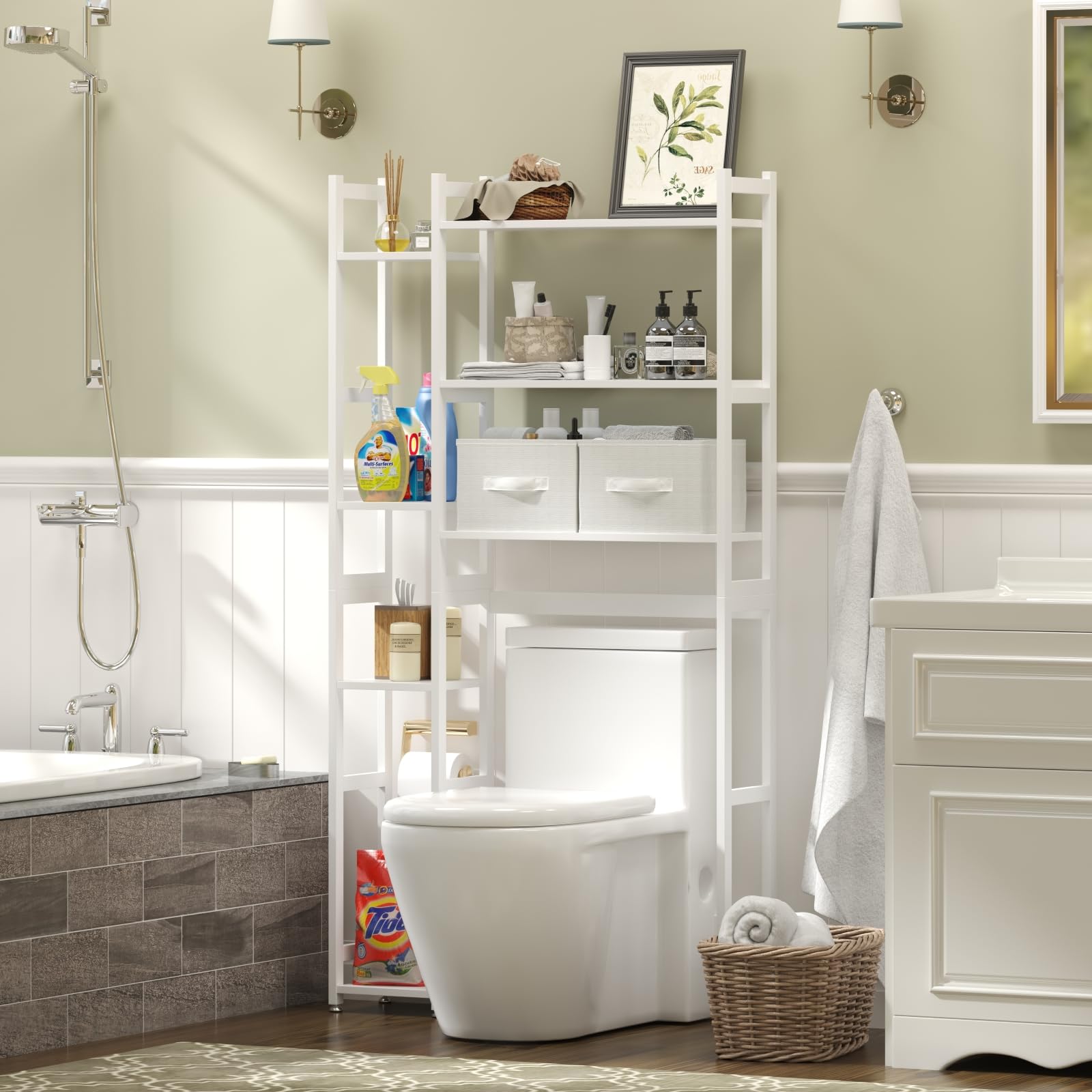 MOGELAFOO Over The Toilet Storage with 7 Shelves and 2 Drawers, Freestanding Bamboo Bathroom Organizer with Adjustable Shelf, Space-Saving Storage Rack for Laundry Room, Restroom, White