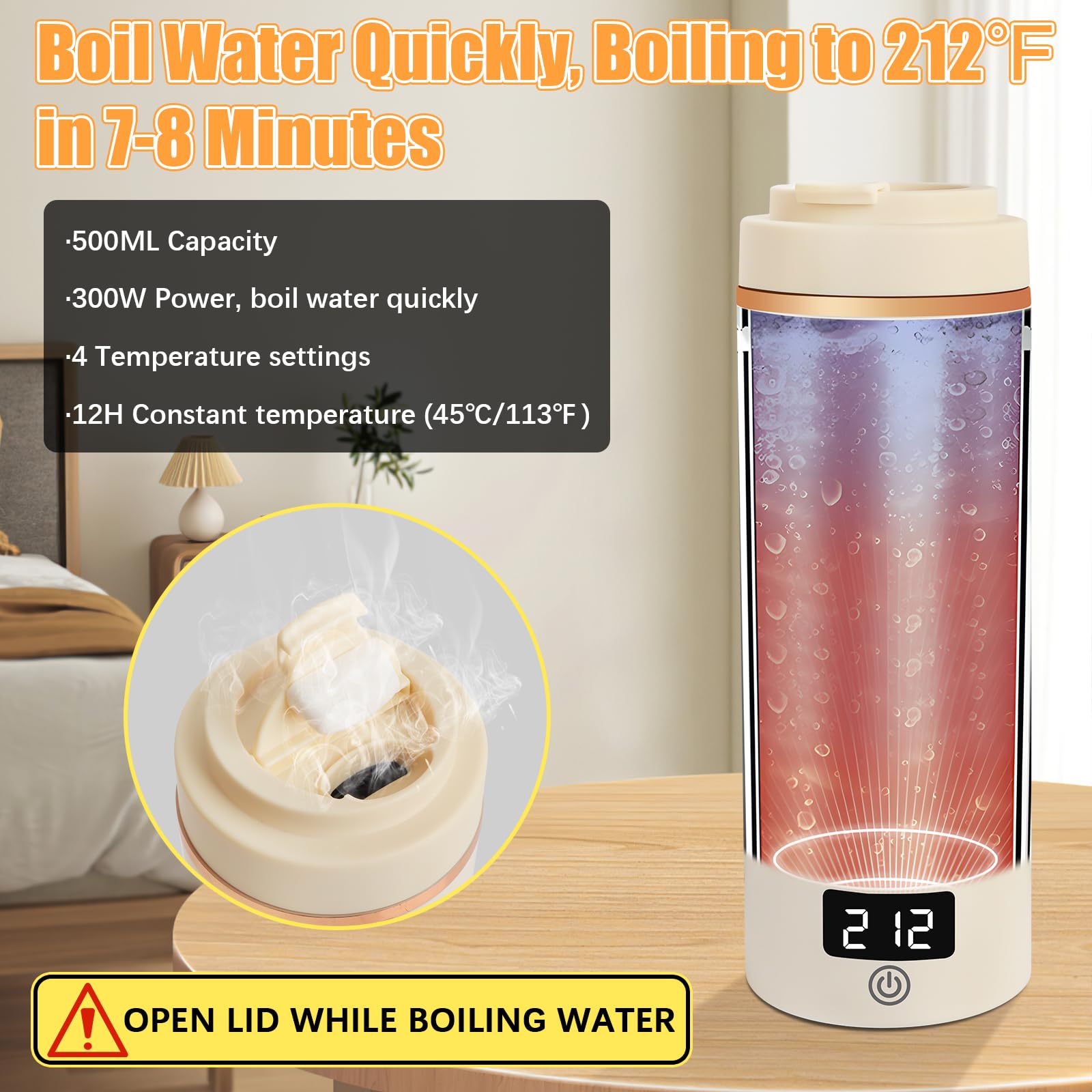 Electric Kettle For Travel Portable Small Kettle 0.5L(17 OZ), Fast Boiling Mini Water Kettle 316 Stainless Steel For Tea/Coffee, Hot Water Boiler with 4 Temperature,Auto Shut-Off,110V (Beige)