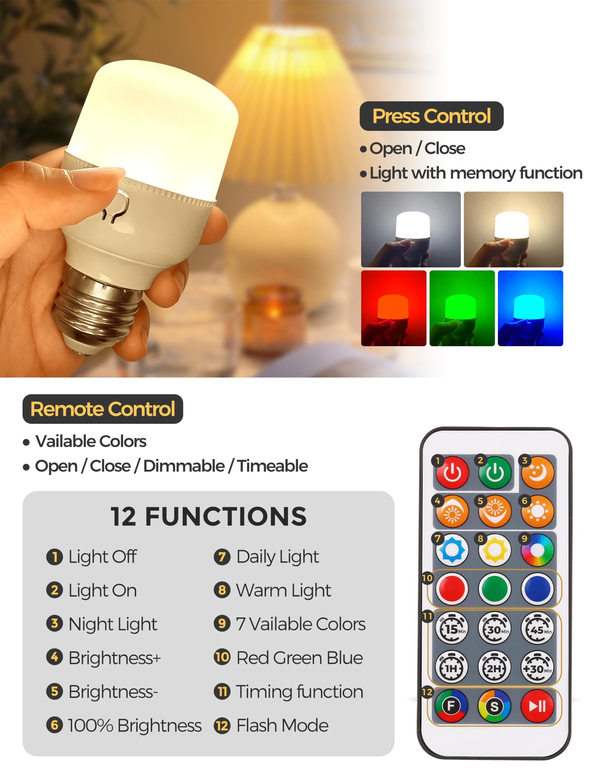 Fulighture 2 Pack Wireless Rechargeable Light Bulbs, E26 Battery Operated Light Bulb with Remote Control, Type-C Charging, RGB + Warm/Cool White, Perfect for Areas Without Hardwiring