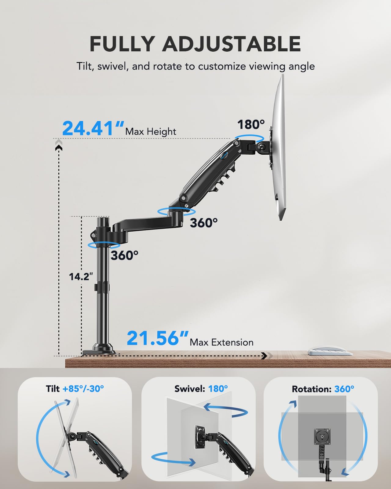 HUANUO Single Monitor Mount, 13 to 32 Inch Gas Monitor Arm