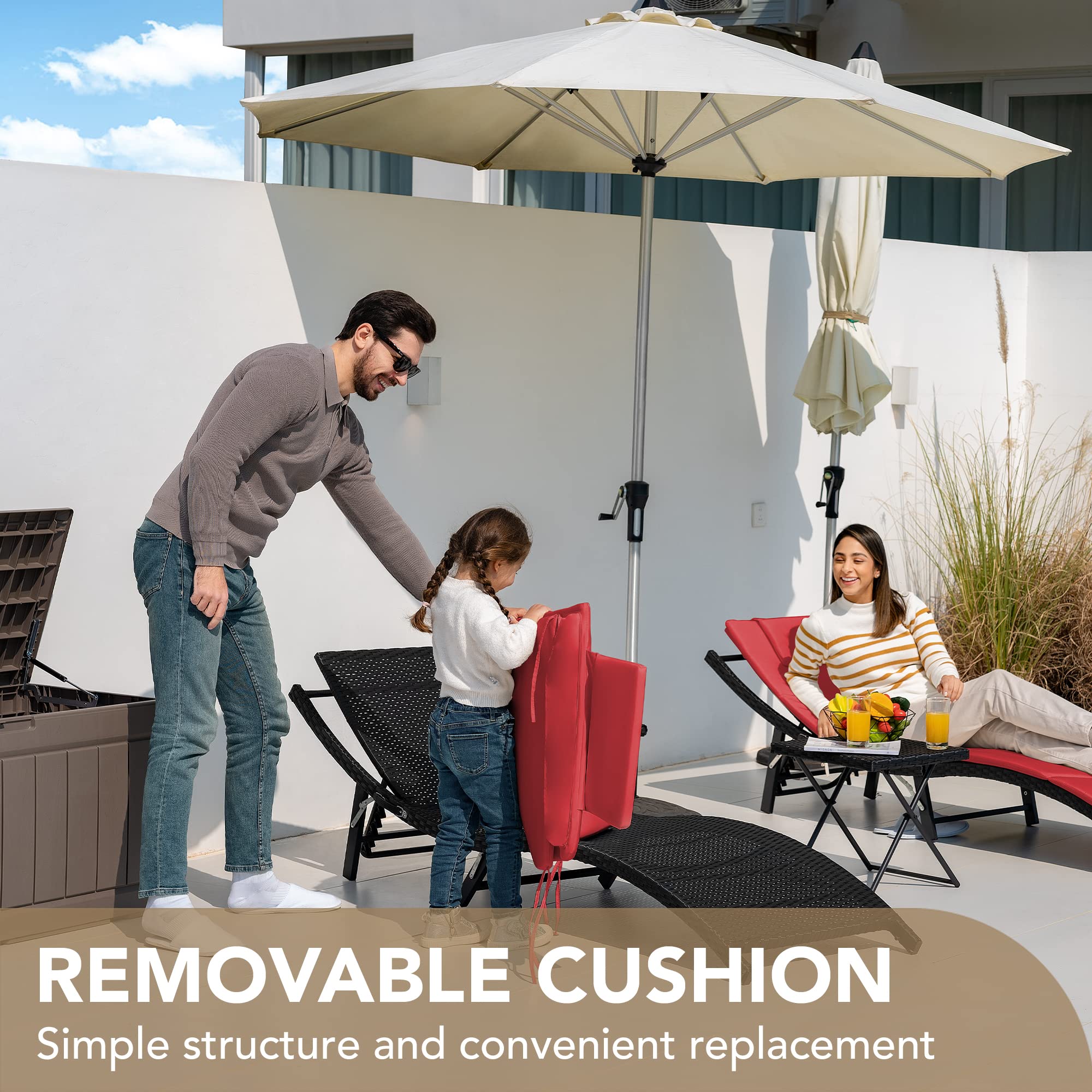 Devoko Patio Chaise Lounge Sets Outdoor Rattan Adjustable Back 3 Pieces Cushioned Patio Folding Chaise Lounge with Folding Table (Red)