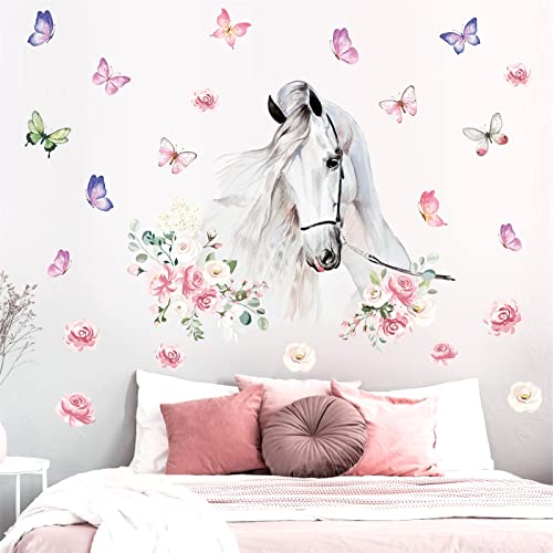 White Horses Wall Decals Farm Animal Decals Peel and Stick Wild Horse Wall Decor Butterfly Flowers Wall Stickers Horses Wall Art Mural for Living Room Kids Bedroom Nursery Farmhouse Office Decor Gift