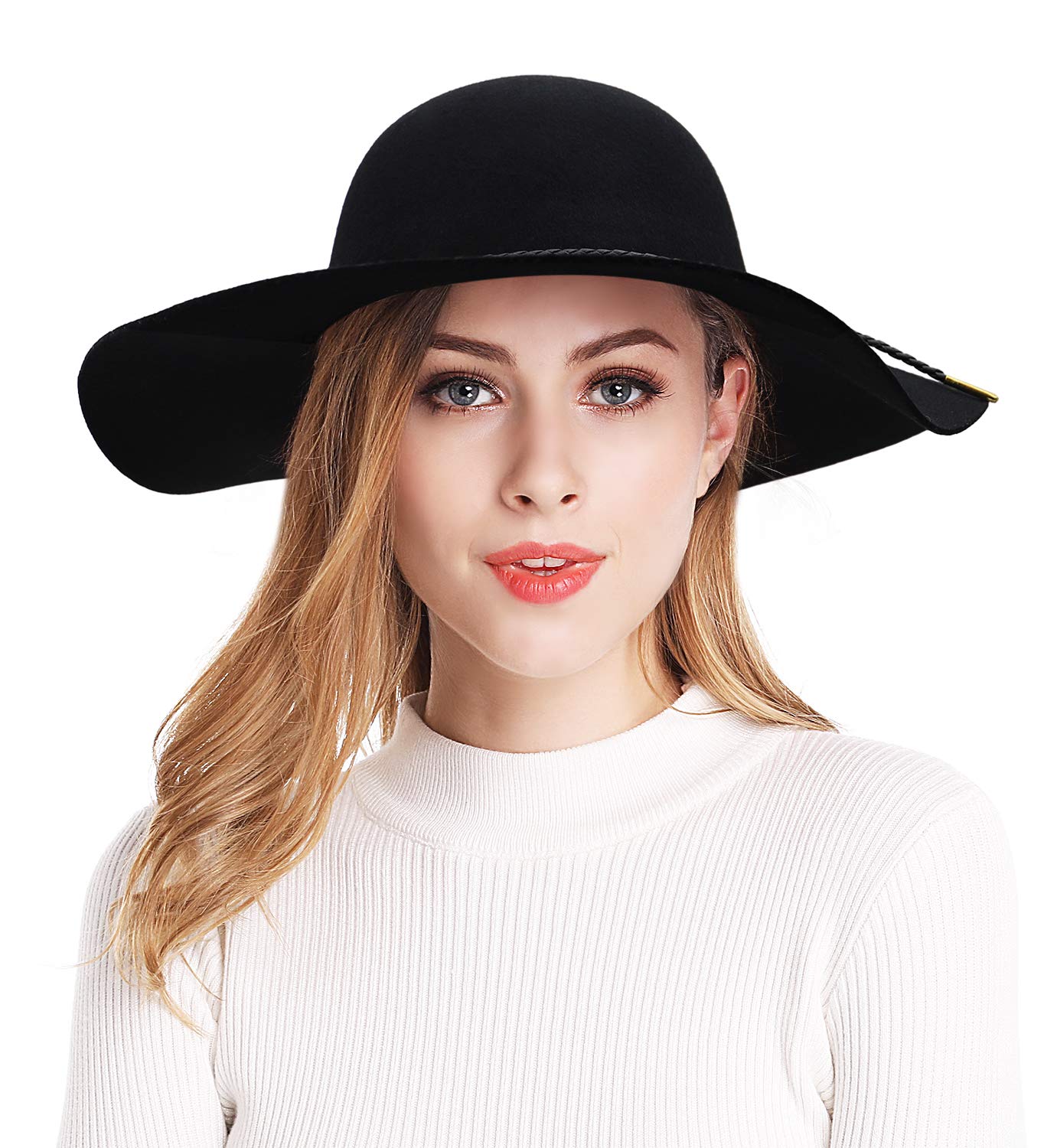 Bienvenu Women's Wide Brim Wool Ribbon Band Floppy Hat Black