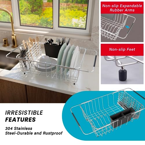 KESOL Over The Sink Drying Rack, Expandable Dish Rack with 2 Utensil Holders (1 Plastic & 1 Steel), 304 Stainless Steel Drying Rack for Kitchen Sink with Anti-Scratch Base, Rustproof Dish Drainer