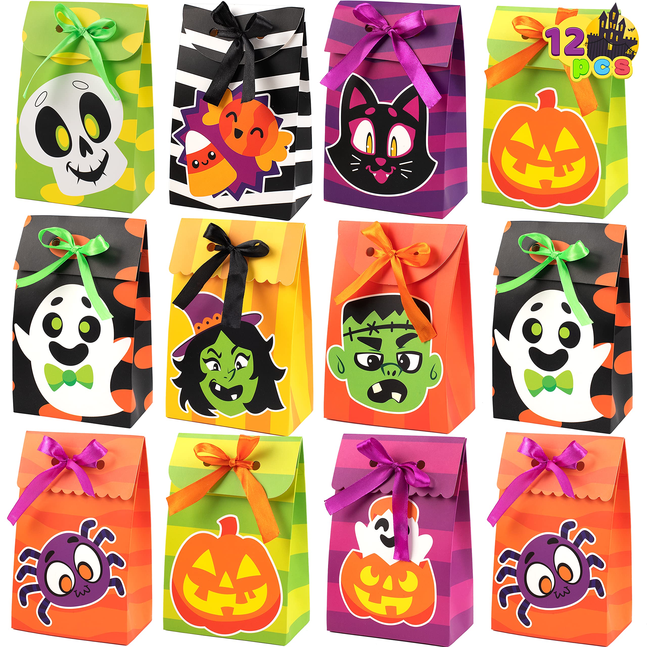JOYIN Halloween Candy Bags Treat Boxes-12 Pieces Halloween Paper Bags Trick or Treat Halloween Sweet Goodie Bags with Ribbon, Halloween Party Favors Gift Bags