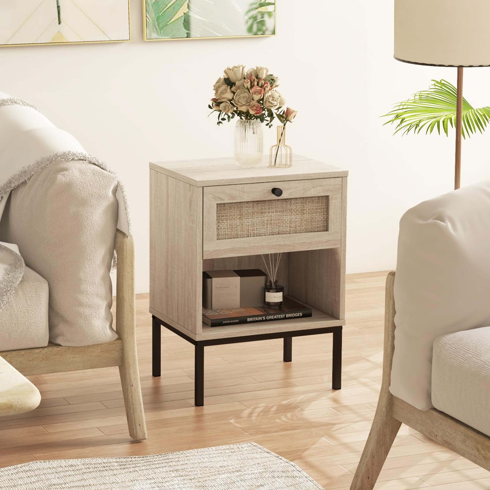 GOFLAME Rattan Nightstand Set of 2, Boho Bedside Table with Drawer & Open Shelf, Wooden End Table with Metal Legs, Farmhouse Sofa Side Table for Bedroom and Small Spaces, Oak