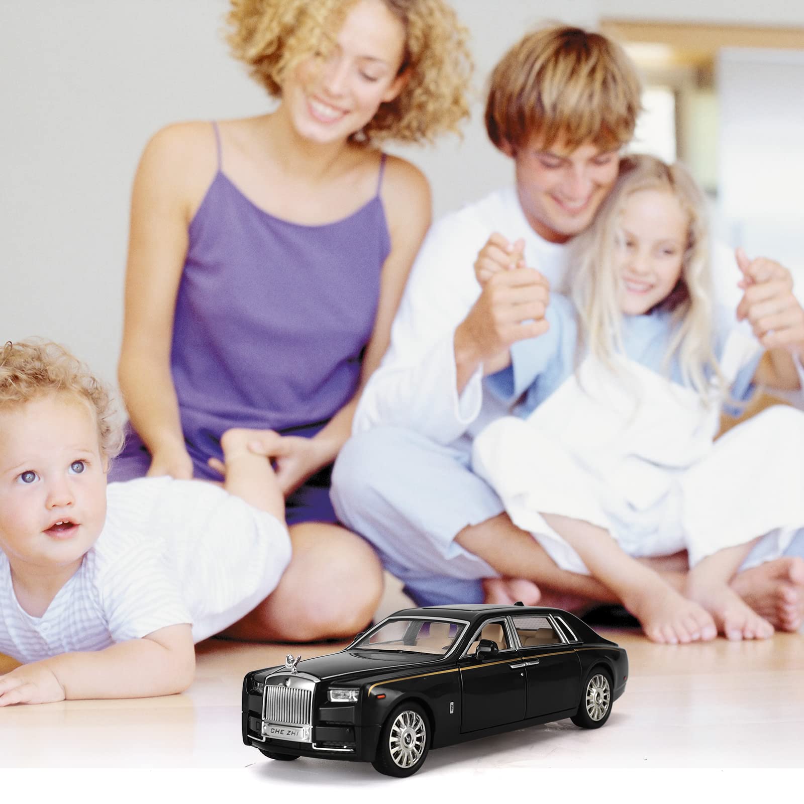 MYJJTYS Toy Car Rolls-Royce Phantom 1/24 Metal Die Casting Model Car for 3 4 5 6 7 Year Old boy Toy with Sound and Light,Classic Car Door Design, Car Logo Can be Folded(Black)