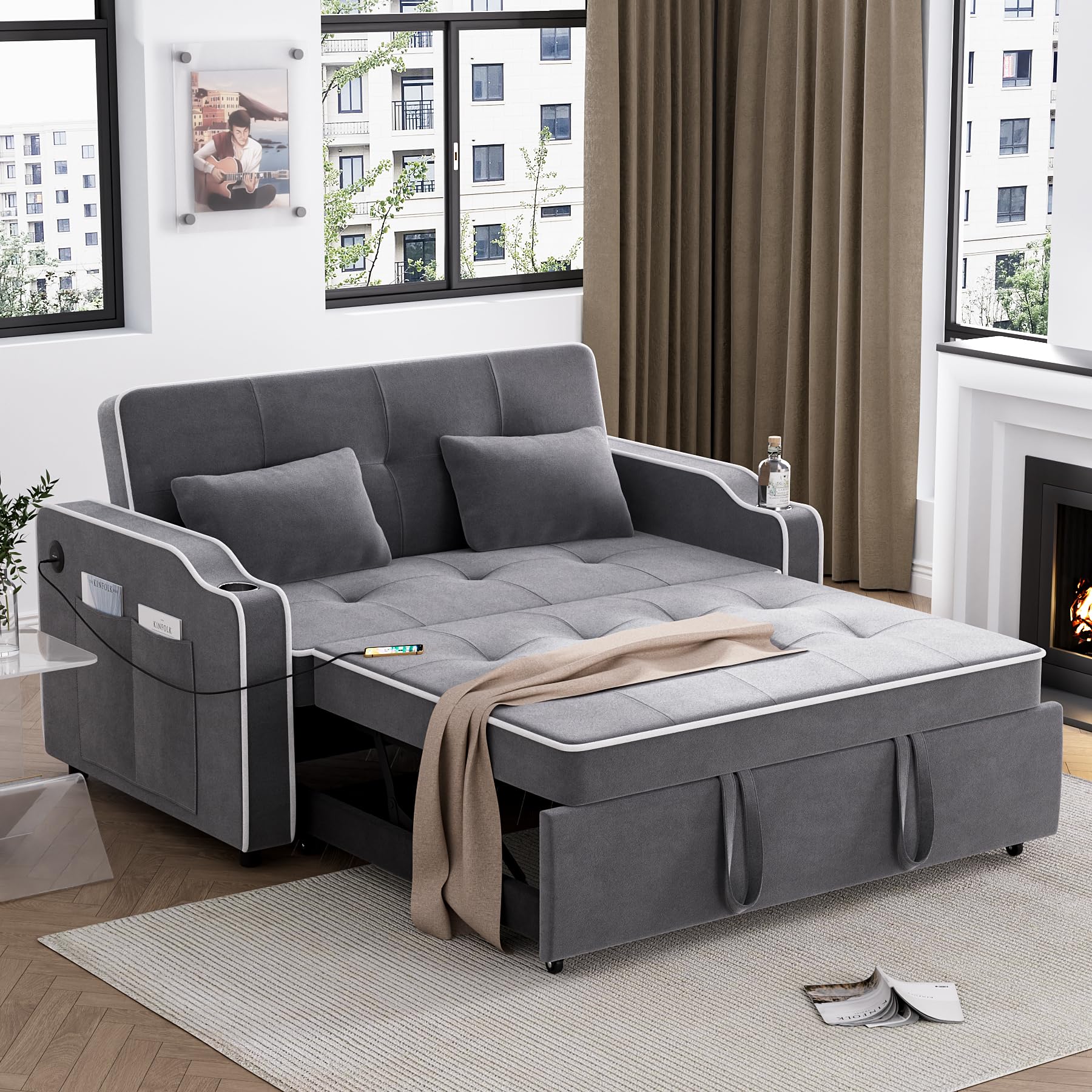 DAMAIFROM Sleeper Sofa Bed with USB Port, Velvet Pull Out Couch Bed, 3-in-1 Convertible Upholstered Loveseat Sofa,Velvet Futon Couch with Adjustable Backrest for Living Room,Dark Grey