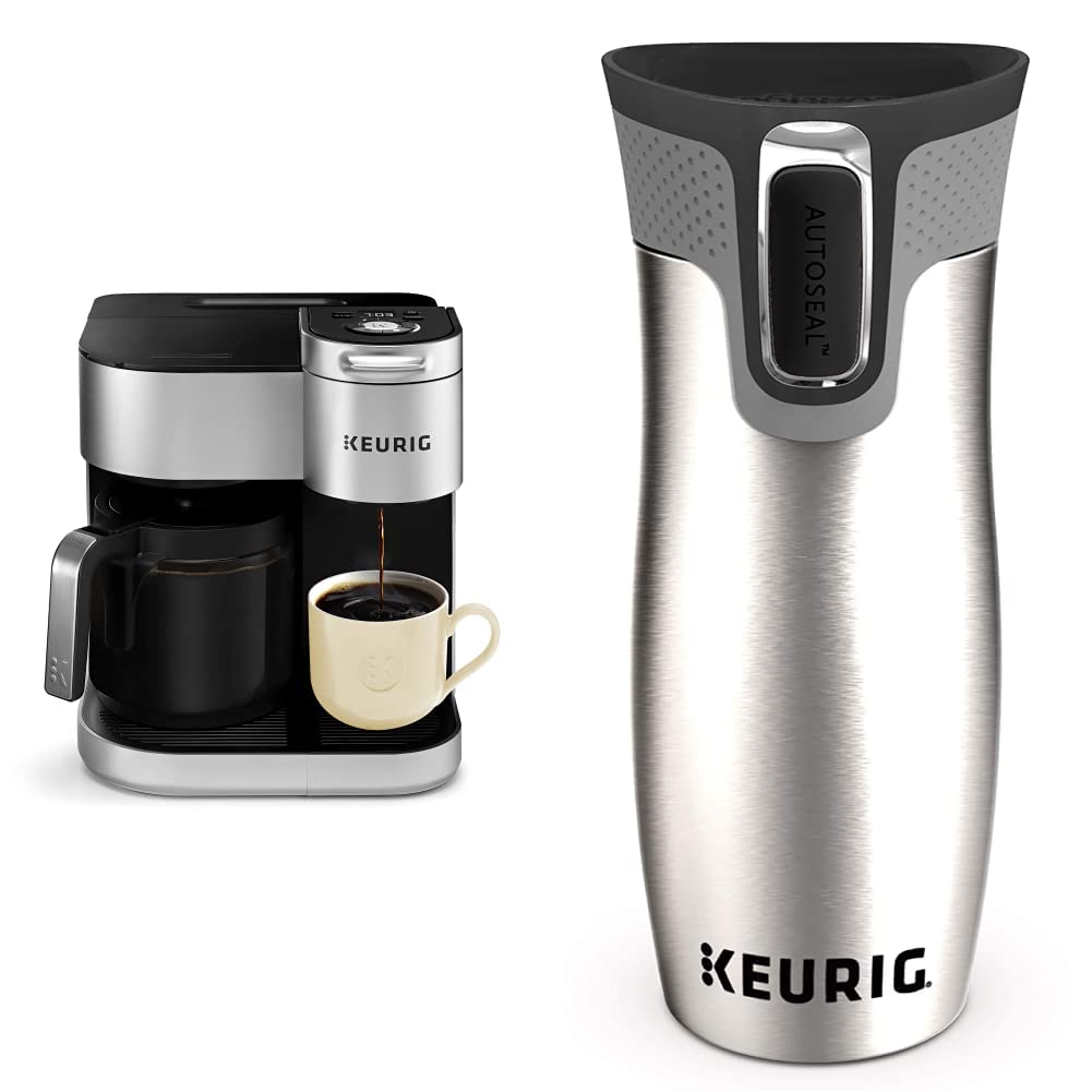 Keurig K-Duo Special Edition Coffee Maker, Single Serve and 12-Cup Drip Coffee Brewer, Silver & Contigo Autoseal Coffee Travel Mug, West Loop Vacuum Insulated with Easy-Clean Lid, 14 Oz, Silver