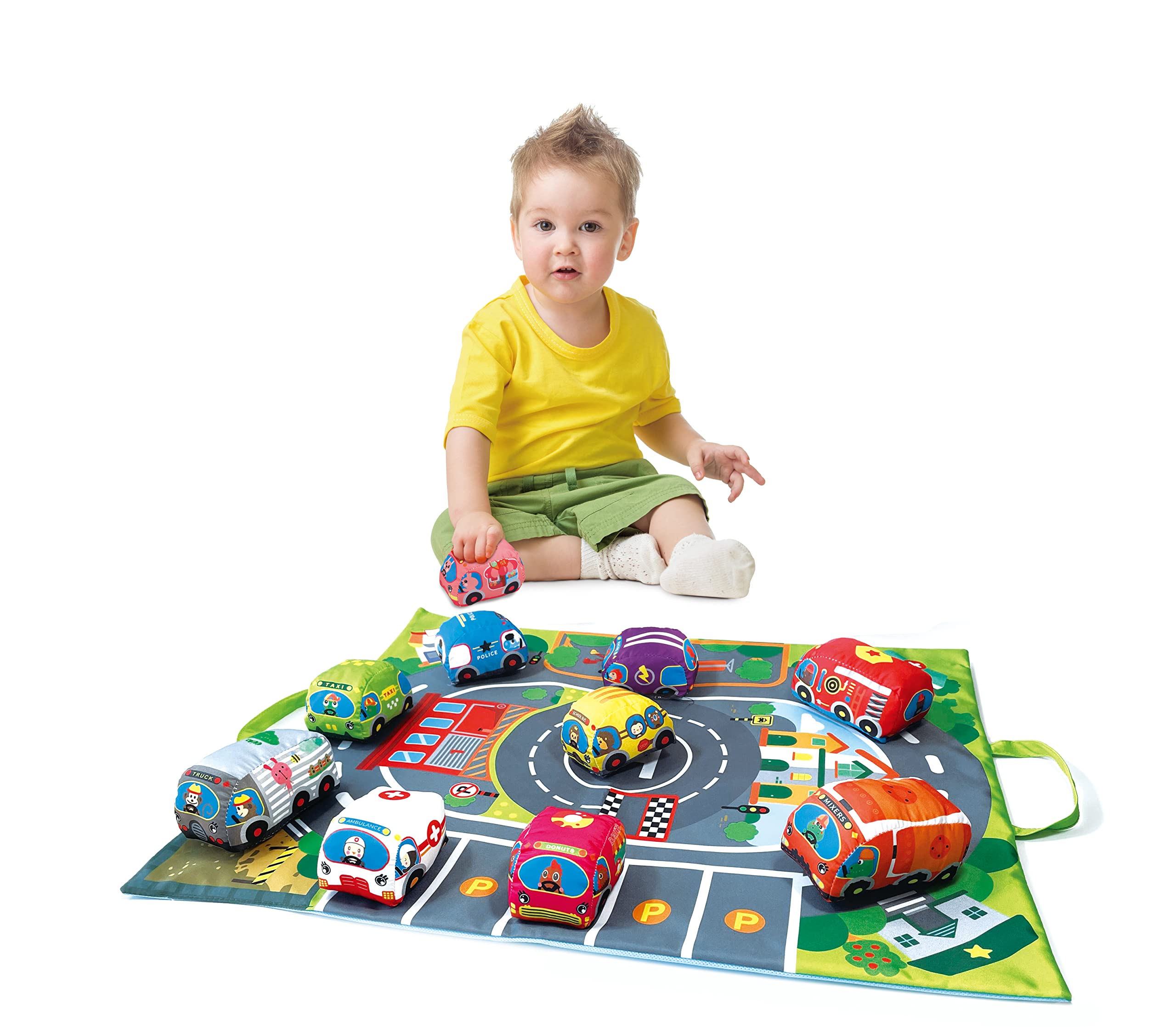 Soft Car Toy Set with Play Mat for 1 Year Old Baby, 10 Vehicle, 1 Play Mat Storage Bag, Baby Toys 12-18 Months, Early Educational Toys Birthday Gift, Toys for 1 2 3 Year Old Toddlers Boys Girls